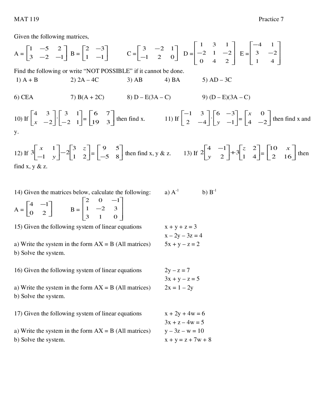 Solutions To Practice Exam 7 Finite Mathematics Mat 119 Docsity