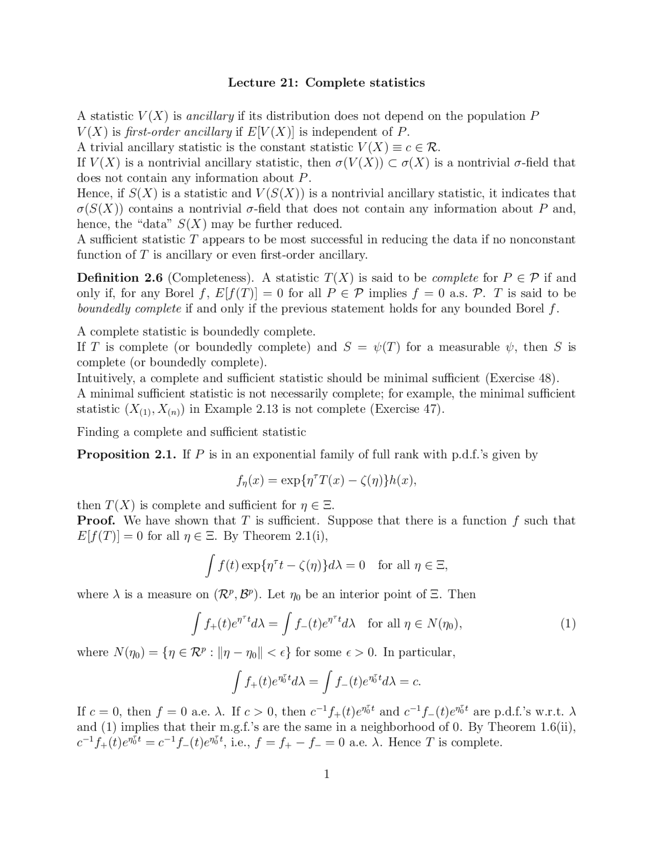 Complete Statistics Mathematical Statistics Lecture 21 Stat 709