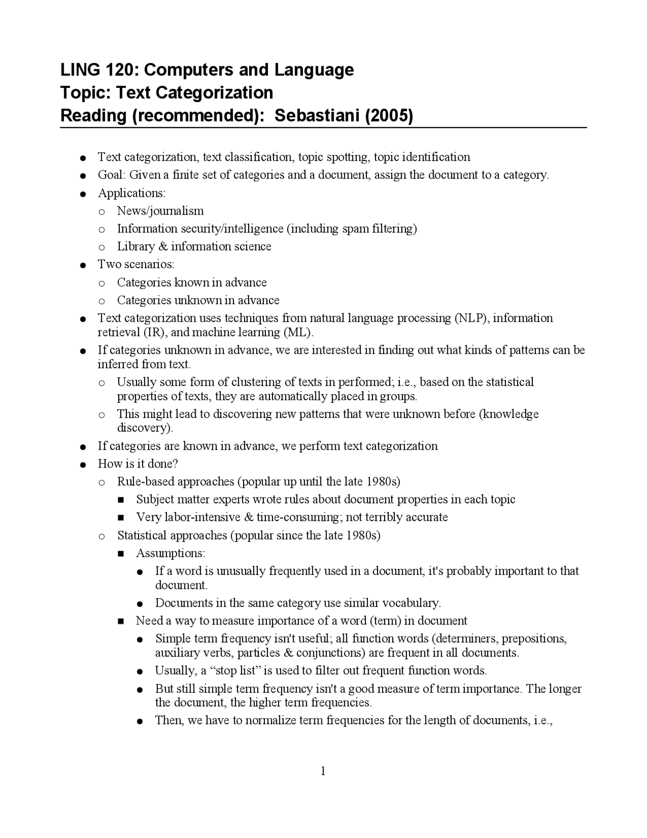 Text Categorization Computers And Language Ling 120 Docsity