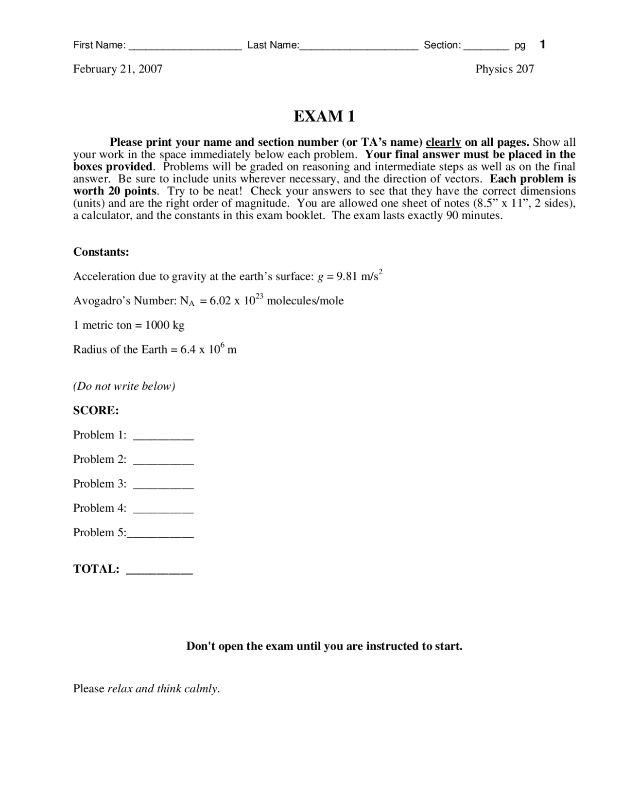 Practice Exam 1 - General Physics | PHYSICS 207 - Docsity