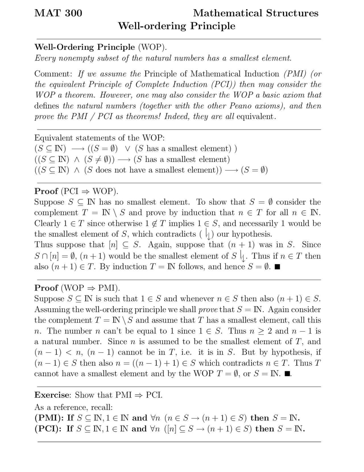 Well Ordering Principle - Mathematical Structures | MAT 300 - Docsity