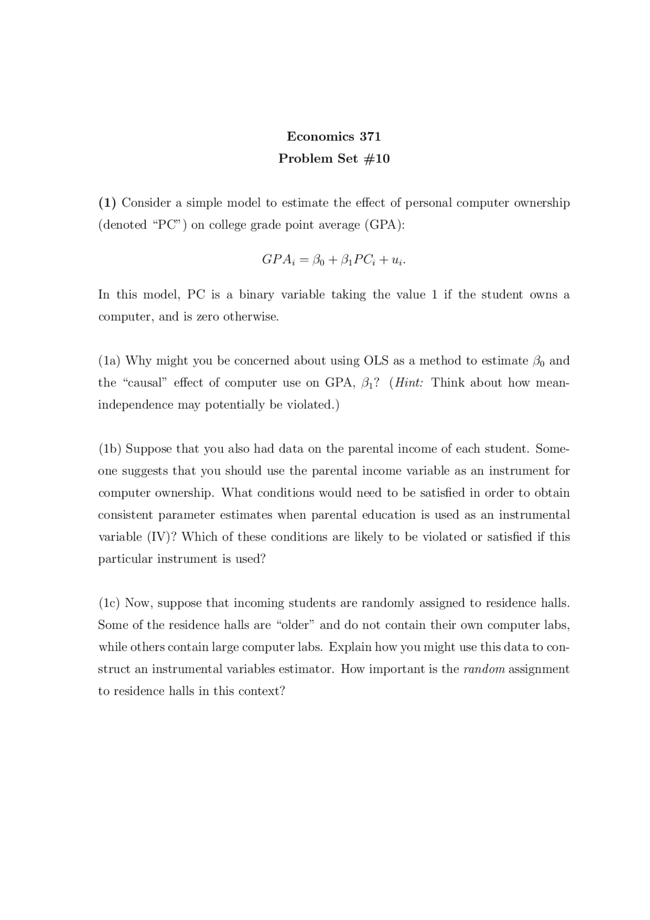 Problem Set 10 Introduction To Econometrics Econ 371 Docsity