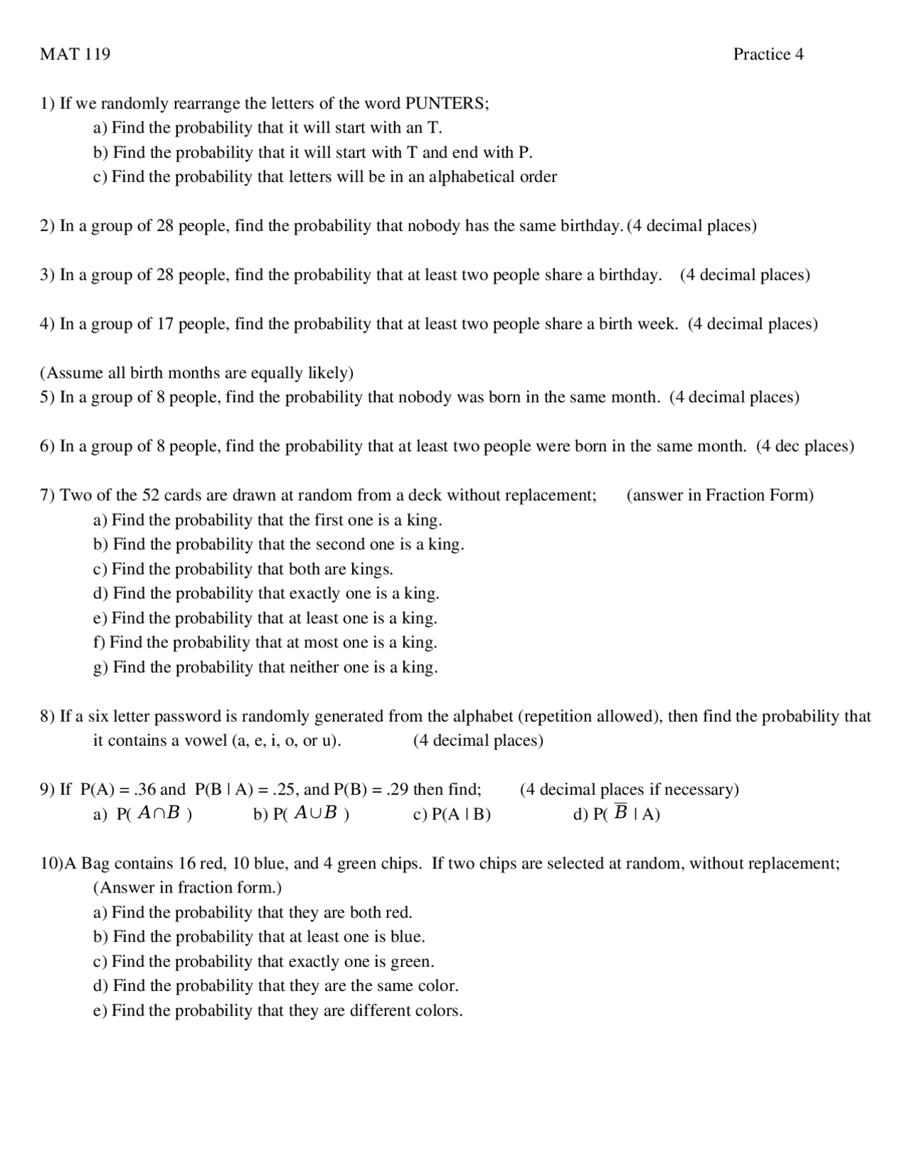 Practice Exam 4 On Finite Mathematics Mat 119 Docsity