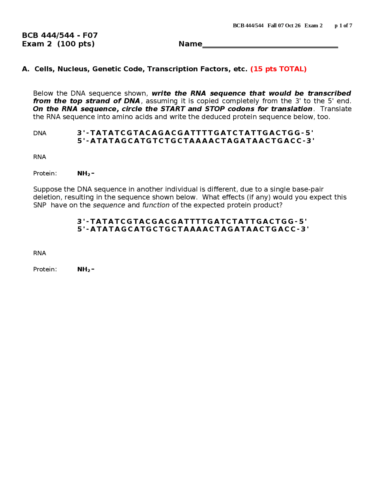 Introduction To Bioinformatics Old Exam 2007 Bcb 444 Docsity