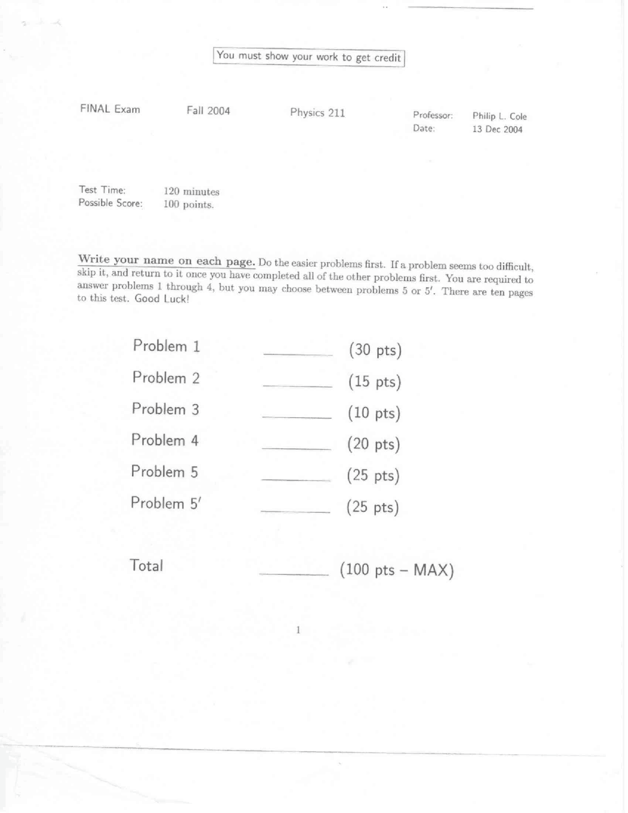 Final Exam with Solution for Engineering Physics I | PHYS 211 - Docsity