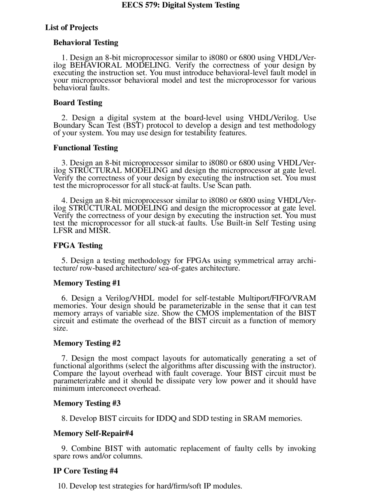 Projects Topics For Digital System Testing Eecs 579 Docsity