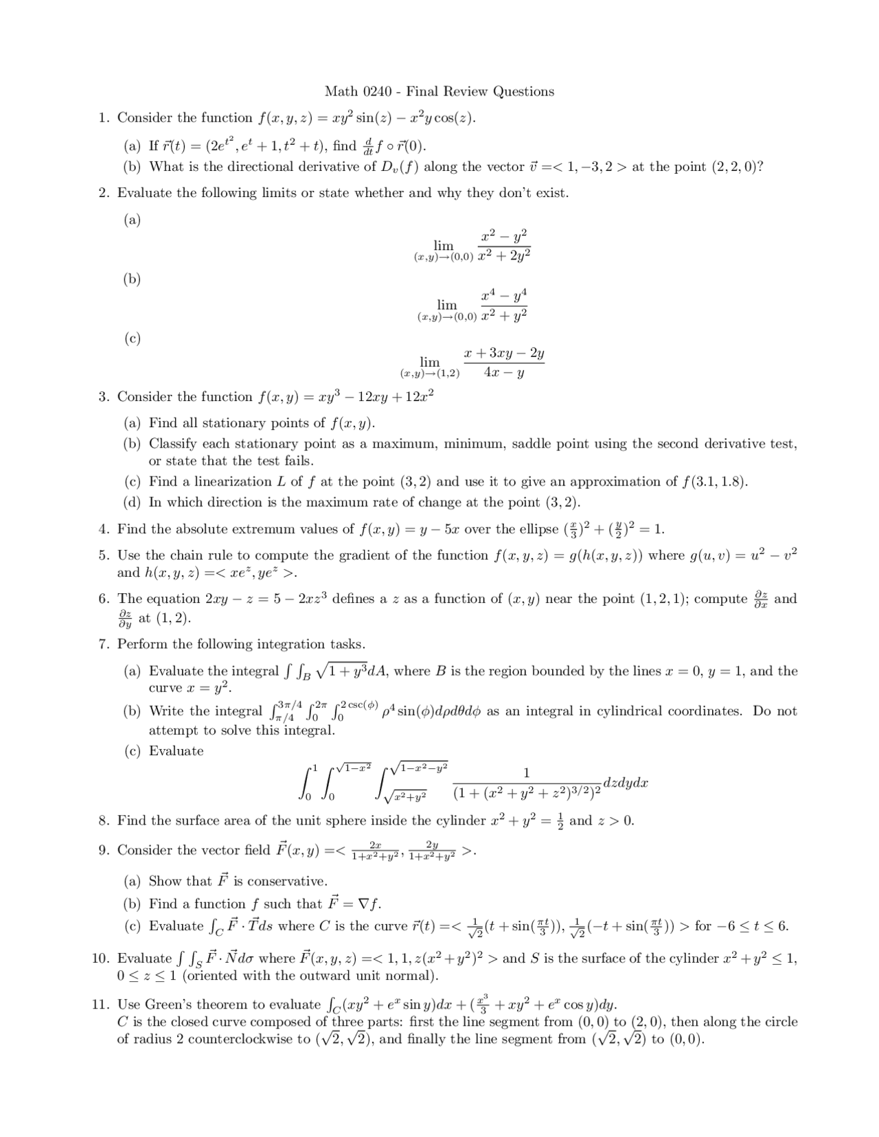 Analytic Geometry And Calculus 3 Final Review Questions Math 0240 Docsity