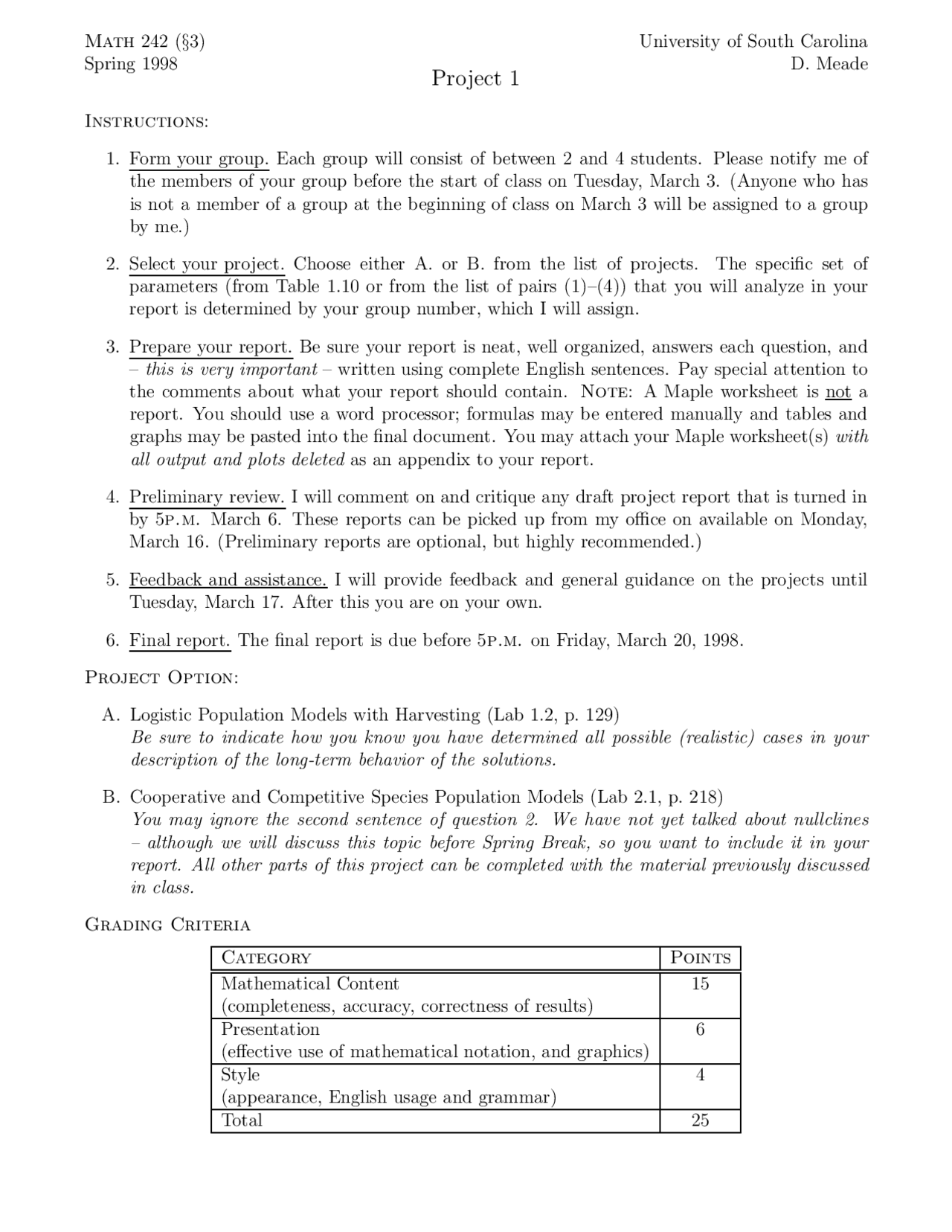 Logistic Population Models with Harvesting - Project 1 | MATH 242 - Docsity