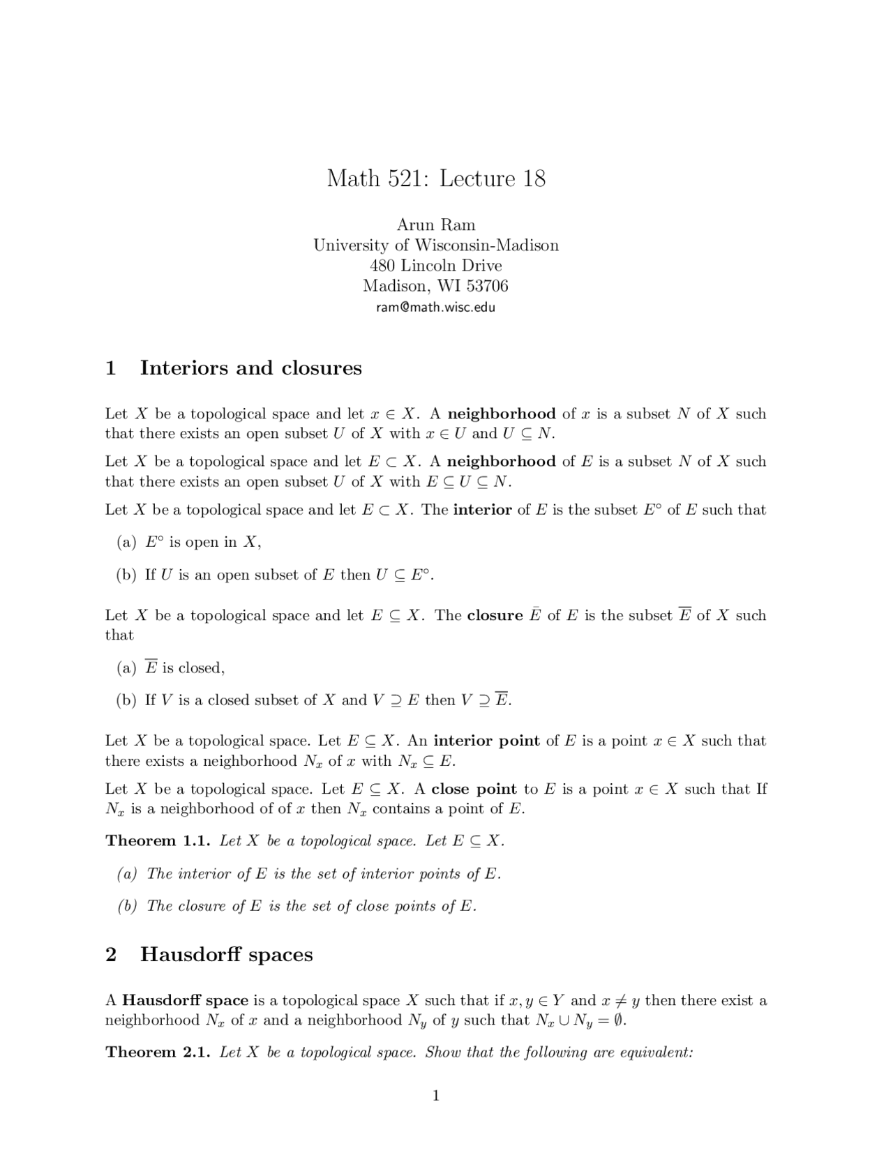 Interiors and Closures, Hausdorff Spaces - Lecture Notes | MATH 521 ...