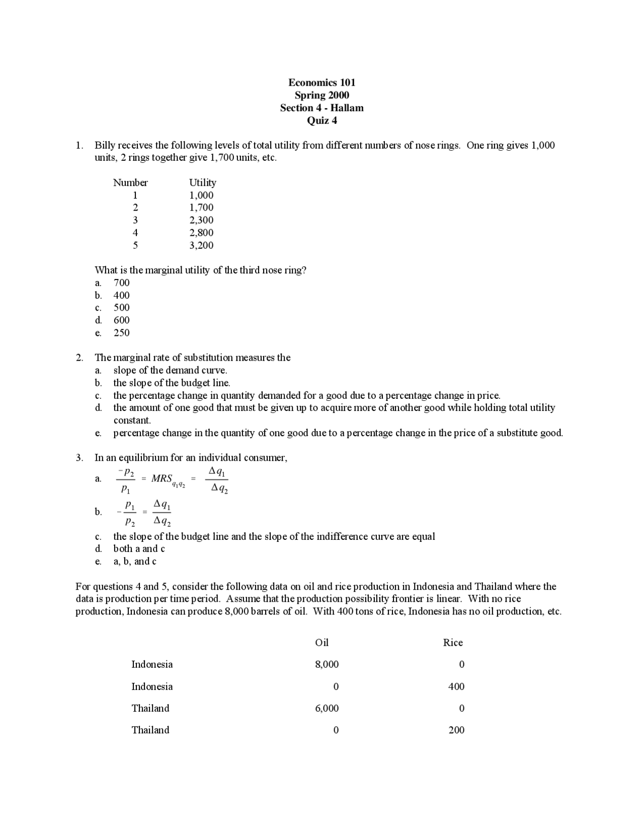Quiz 4 With Answer Key Principles Of Microeconomics Econ 101 Docsity