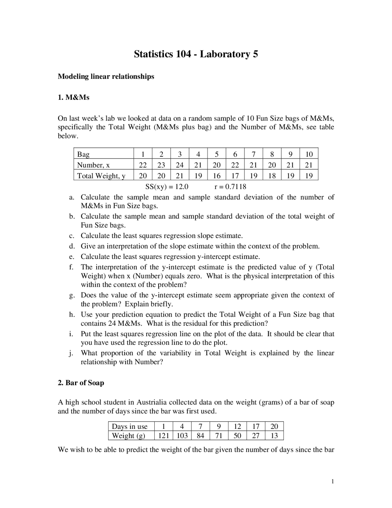 Laboratory 5 Modeling Linear Relationship Stat 104 Docsity