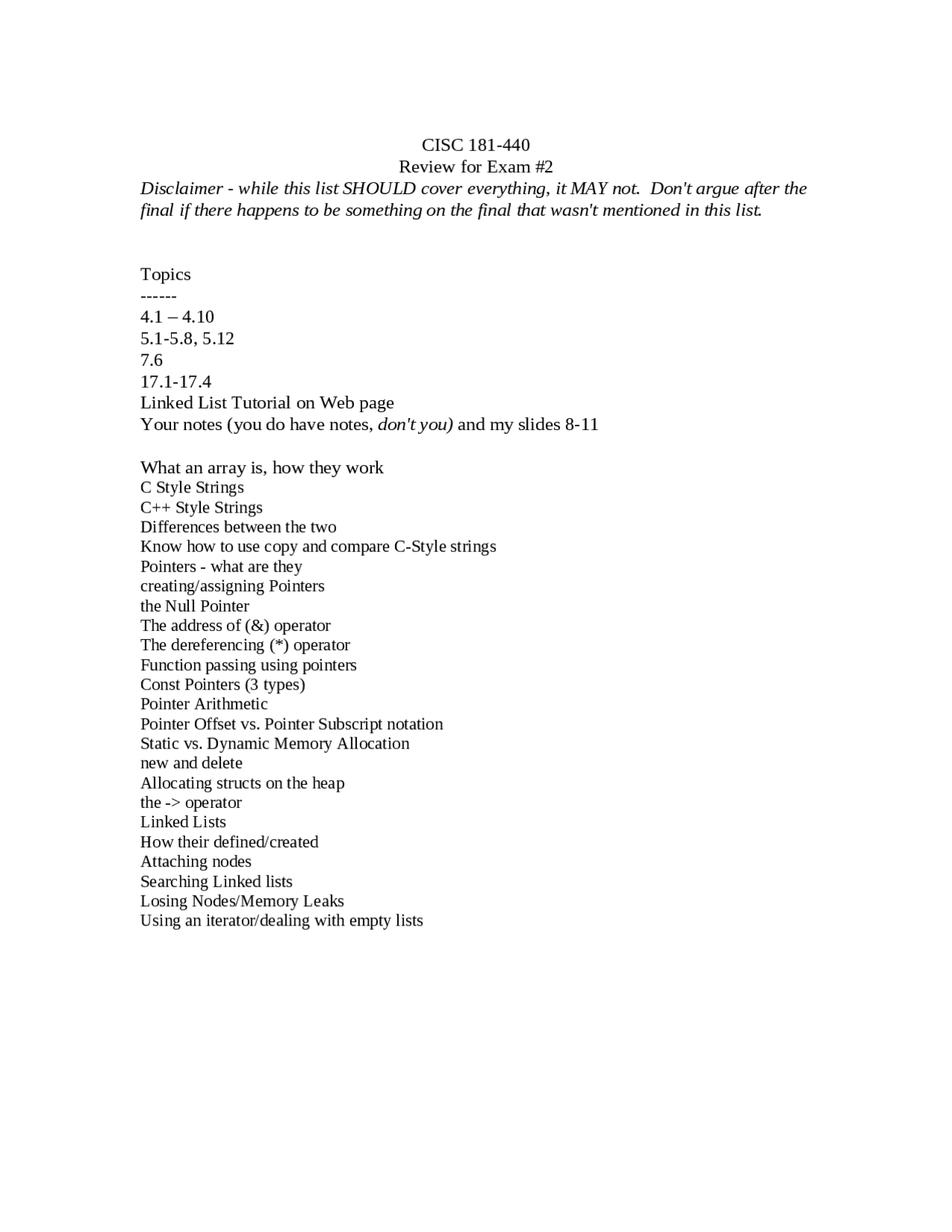 Introduction To Computer Science Ii Review Sheet For Old Exam 2