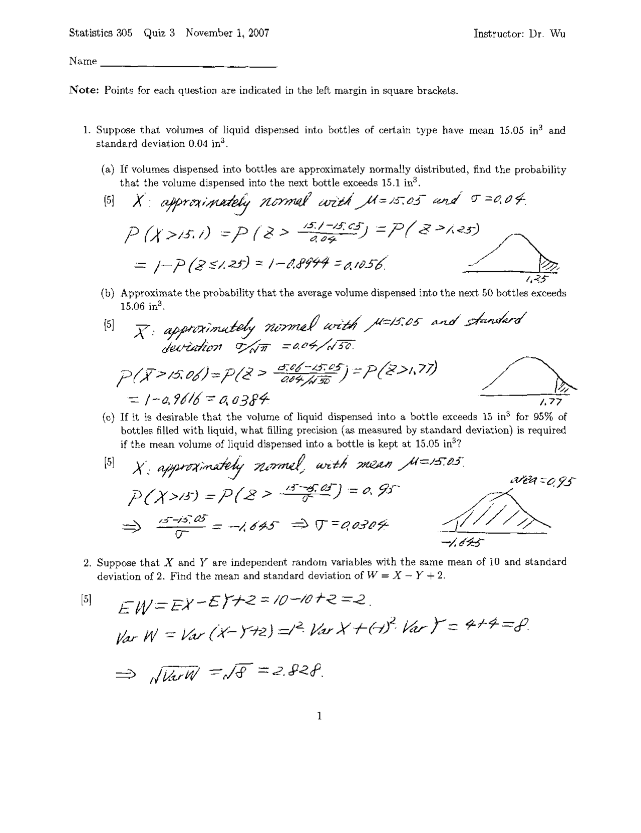 4 Questions With Solutions For Engineering Statistics Stat 305 Docsity