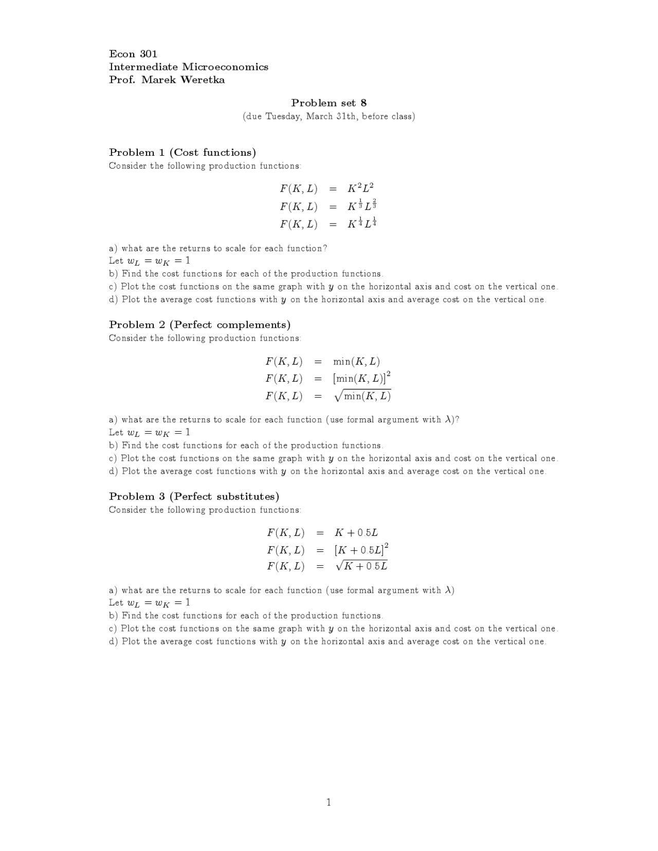 Intermediate Microeconomic Analysis Problem Set 8 Econ 301 Docsity