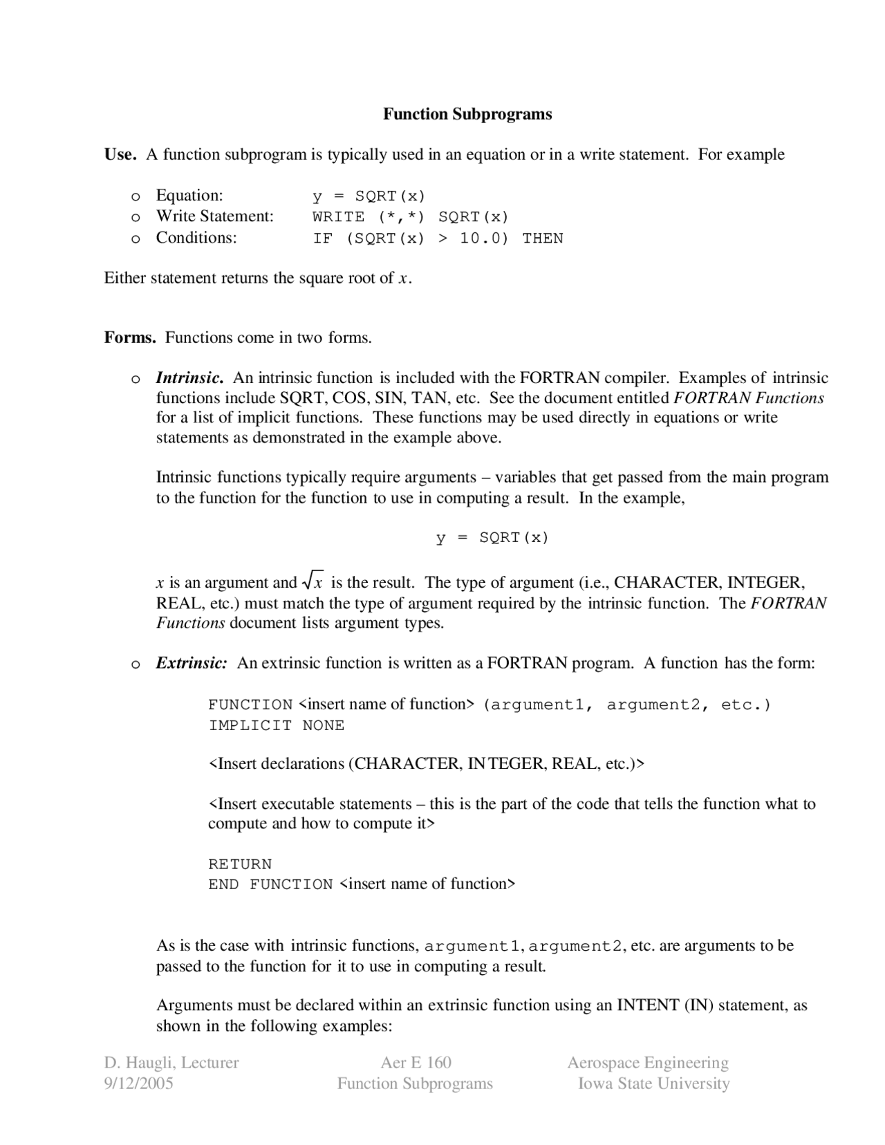 Intrinsic Functions and Equation in the Subprograms | AER E 160 - Docsity