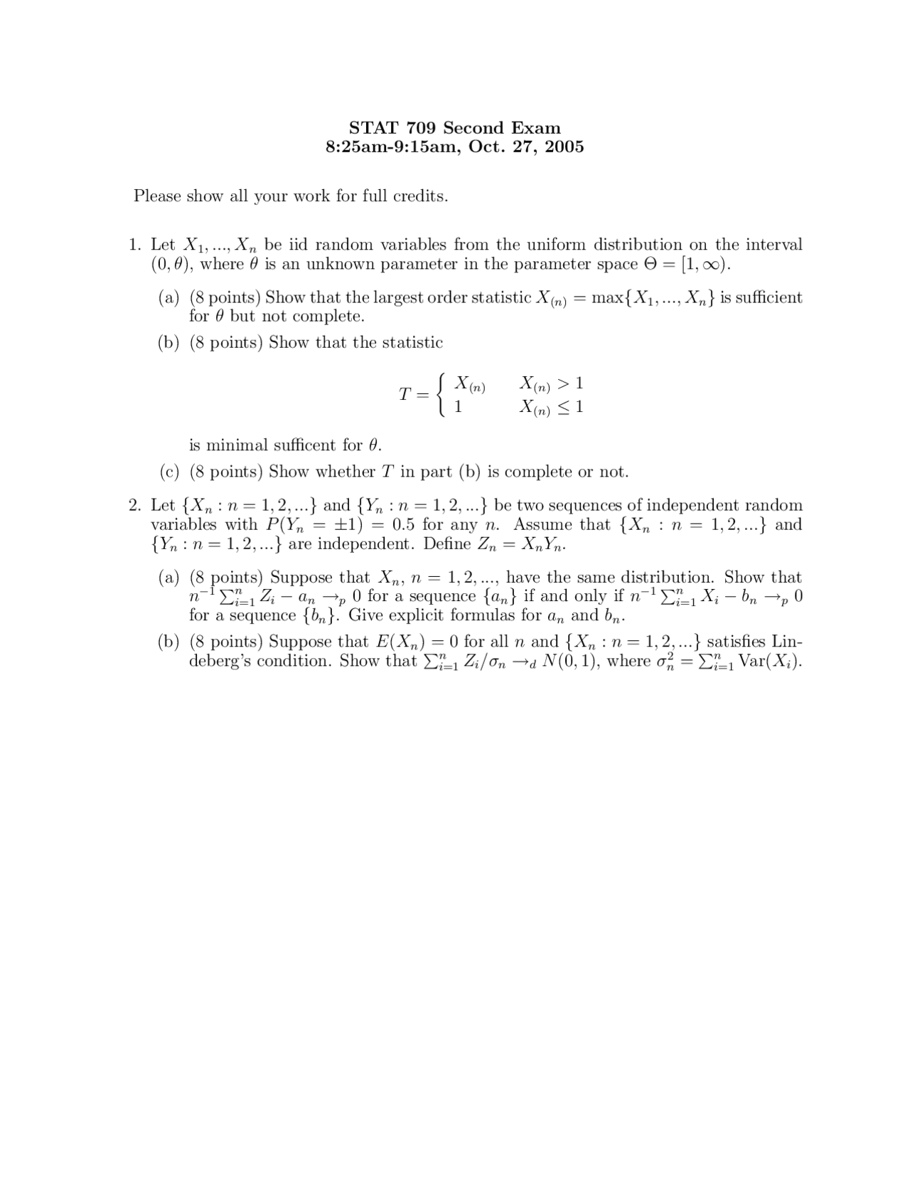 Sample Exam Ii Questions Mathematical Statistics Stat 709 Docsity