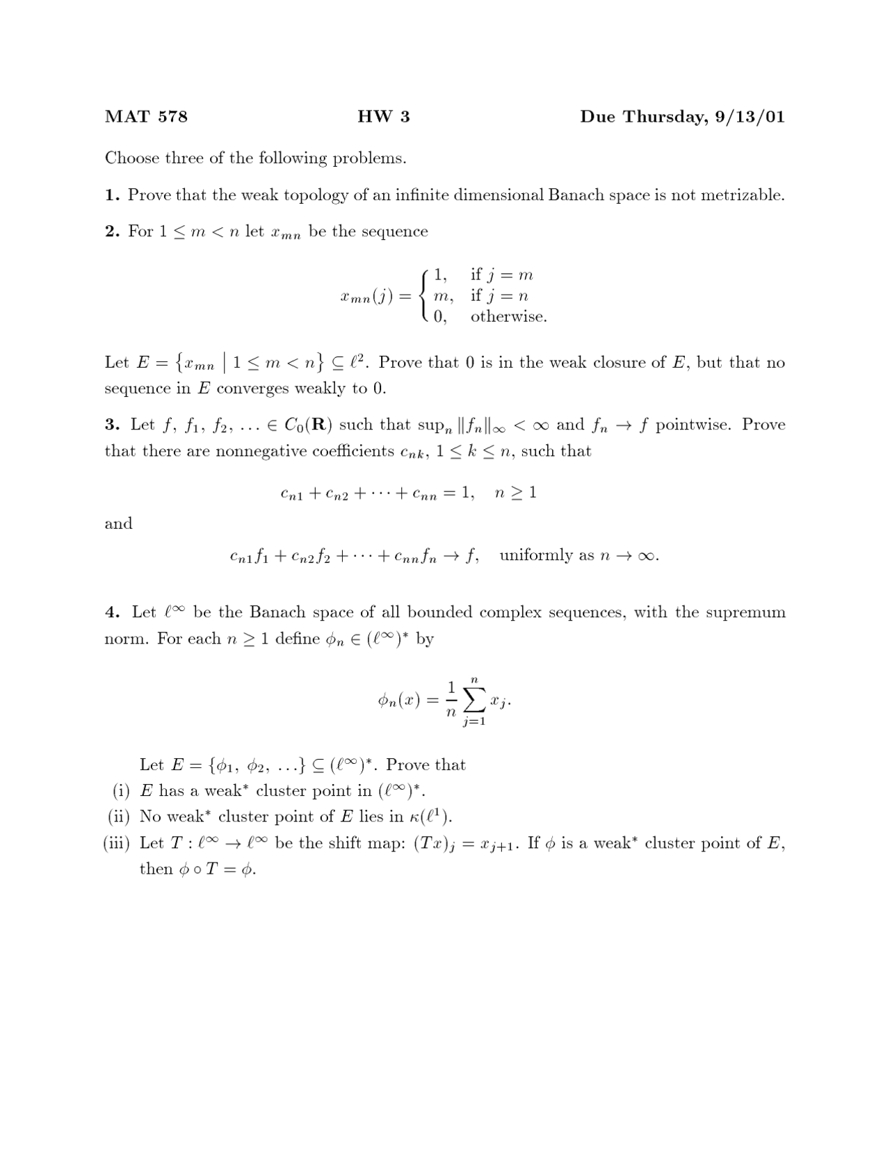 Homework 3 Questions Functional Analysis Fall 2001 Mat 578 Docsity