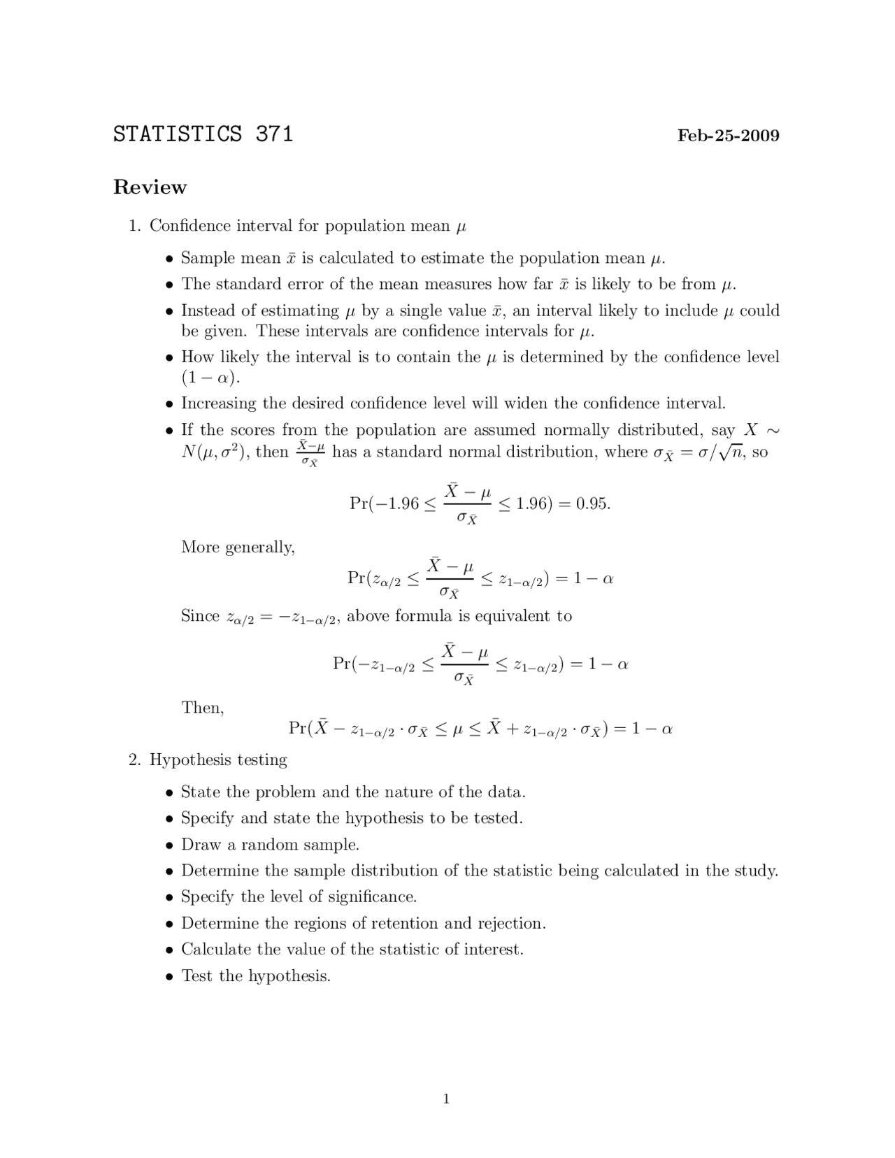 Review Sheet For Introductory Applied Statistics For The Life Sciences Stat 371 Docsity