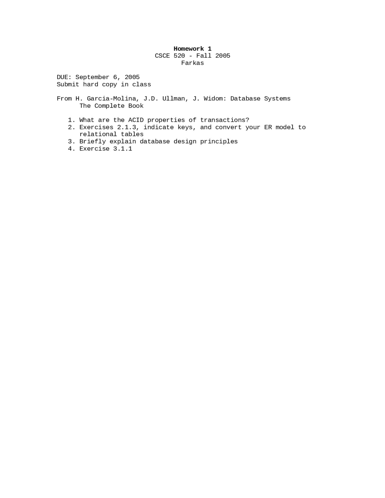 4 Questions For Assignment 1 Database System Design Csce 520 Docsity