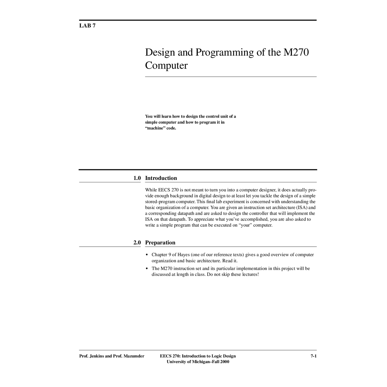 Design And Programming Introduction Logic Design Lab Eecs 270 Lab Reports Electrical And