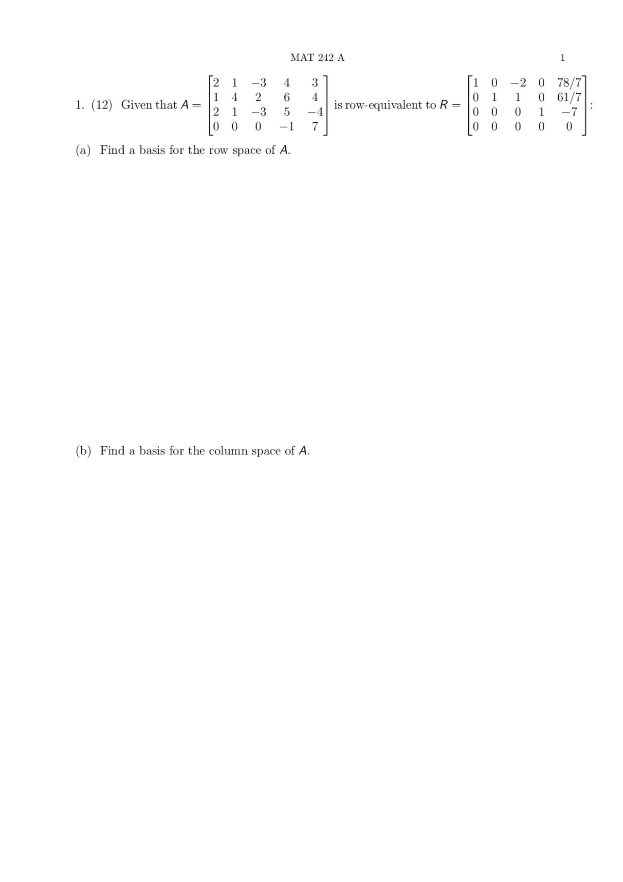 Exam 3 Practice Questions - Elementary Linear Algebra | MAT 242 - Docsity