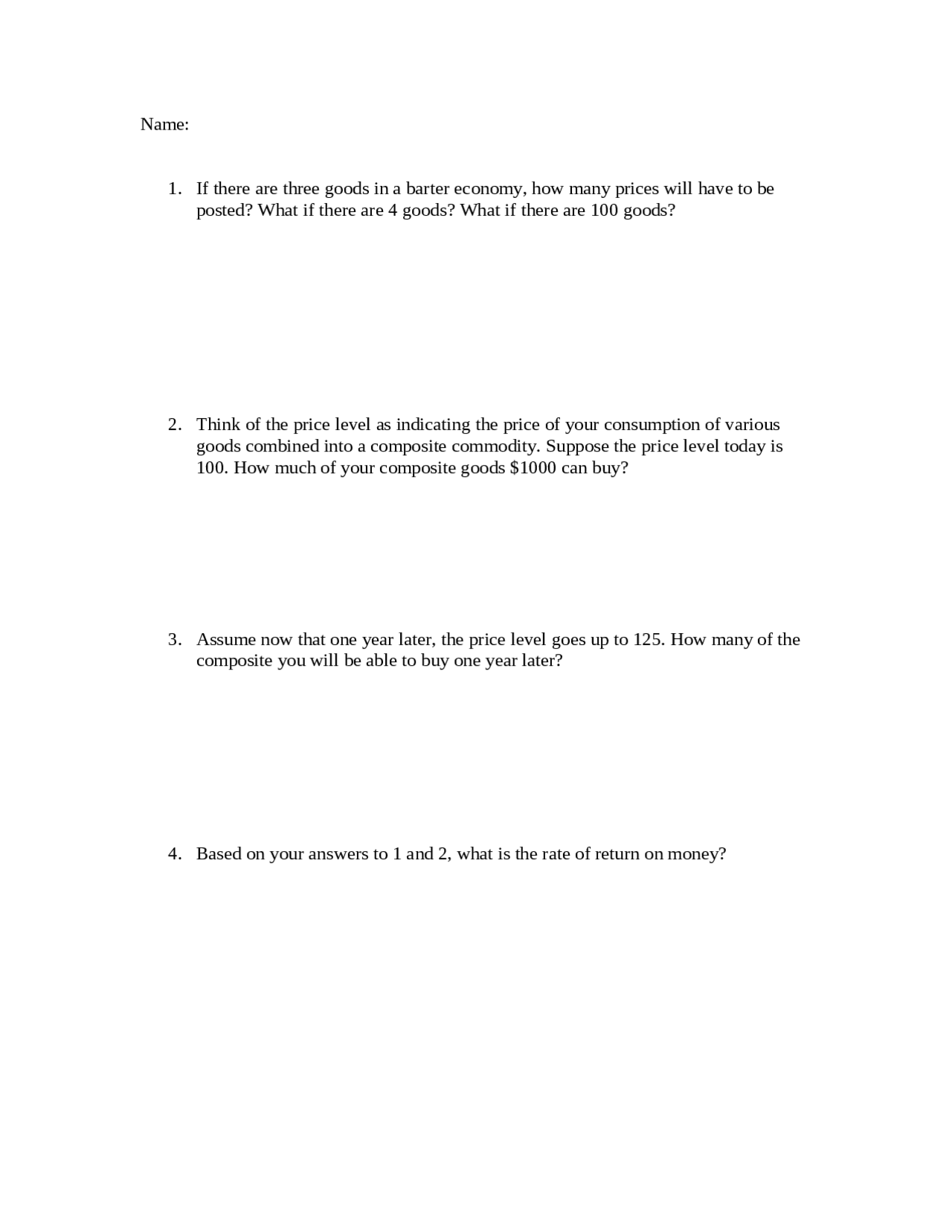 Barter Economy and Price Level Questions | Assignments Economics | Docsity
