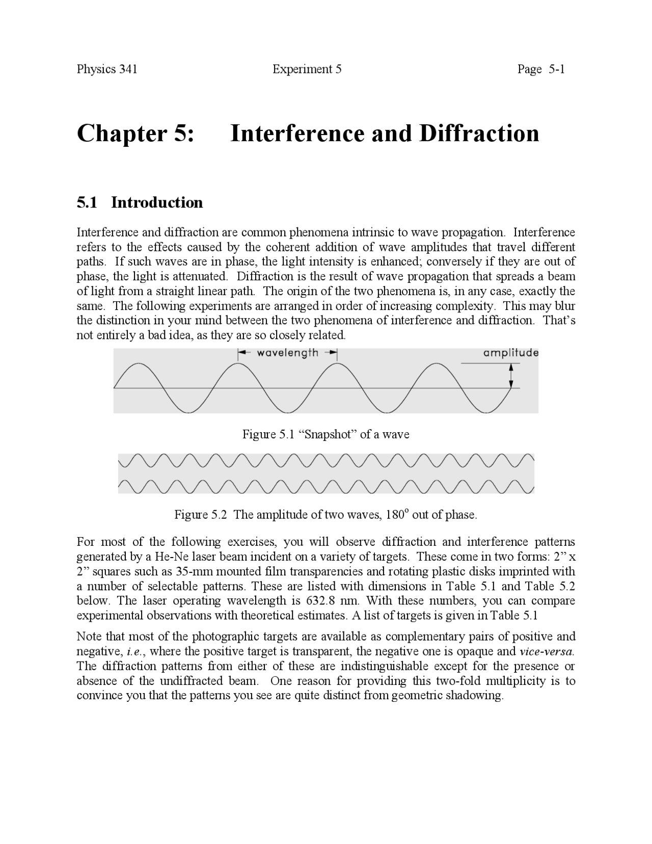 Interference And Diffraction Experiment 5 Physics 341 Docsity