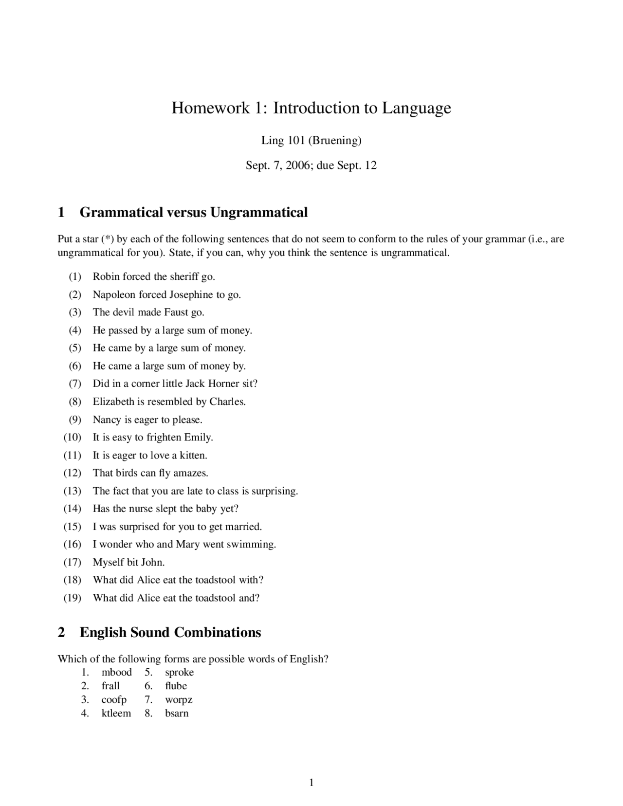 Homework 1 Problems Grammatical Versus Ungrammatical Ling 101 Docsity
