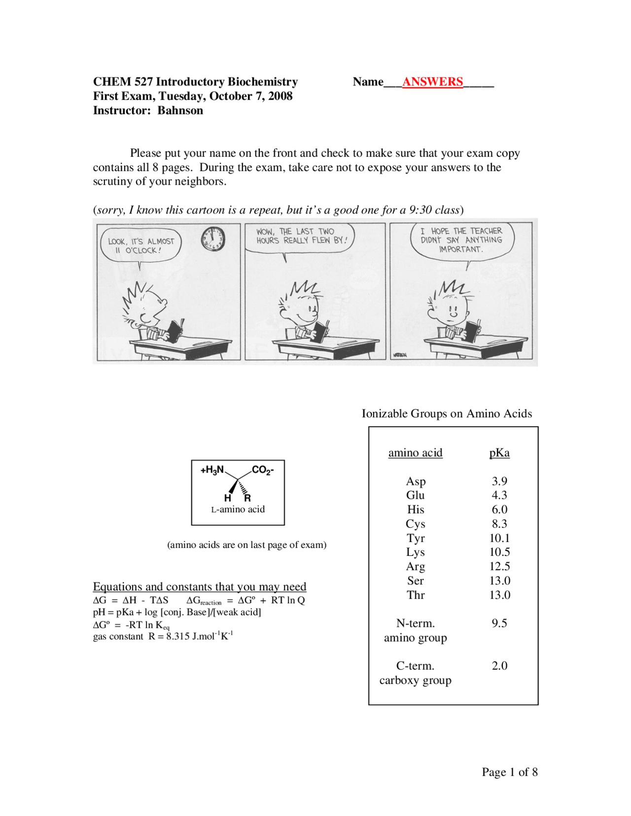 Introductory Biochemistry Exam 1 With Answers Fall 2008 Chem 527