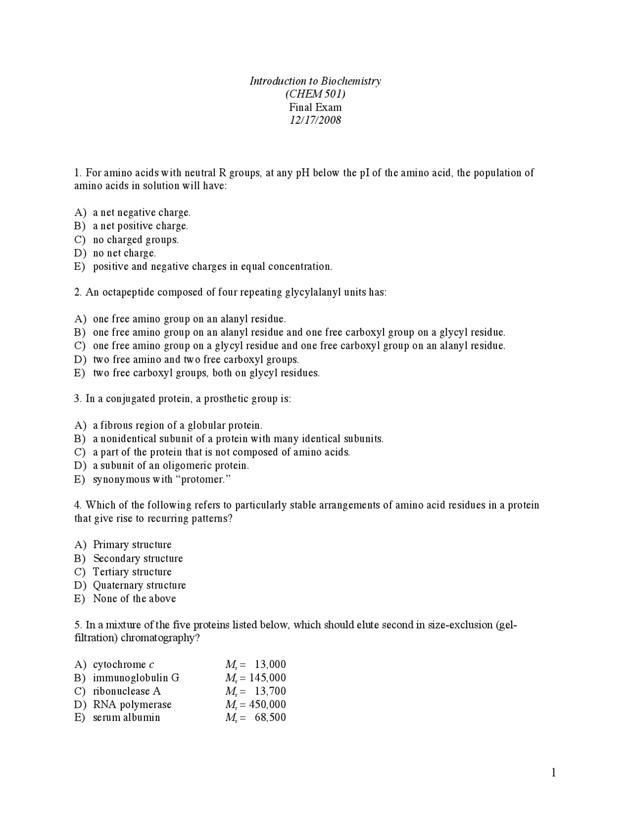 Final Exam On Introduction To Biochemistry 2008 Chem 501 Docsity