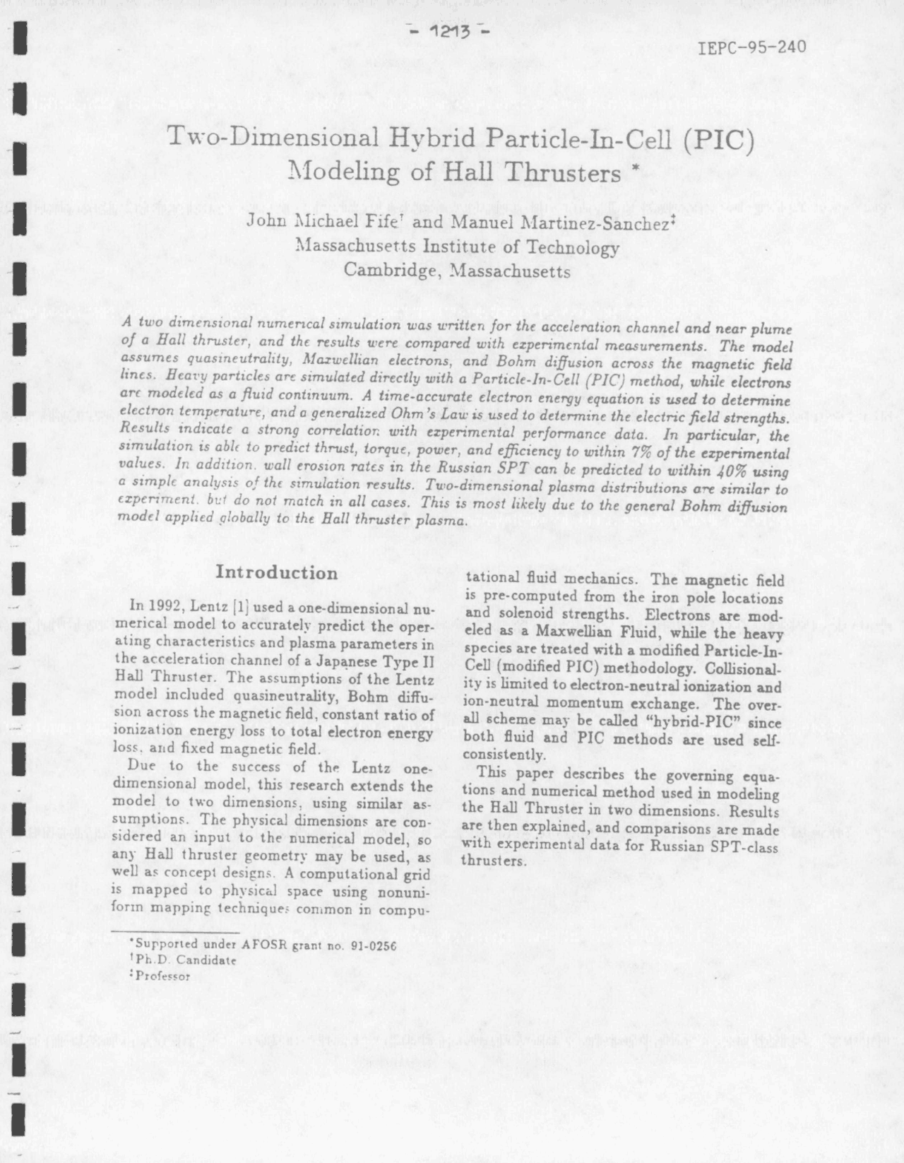 Two Dimensional Hybrid Particle in Cell Modeling of Hall Thrusters | AT 200 - Docsity