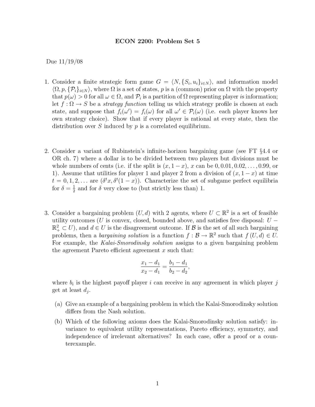 Problem Set 5 Introduction To Game Theory 1 Econ 2200 Docsity