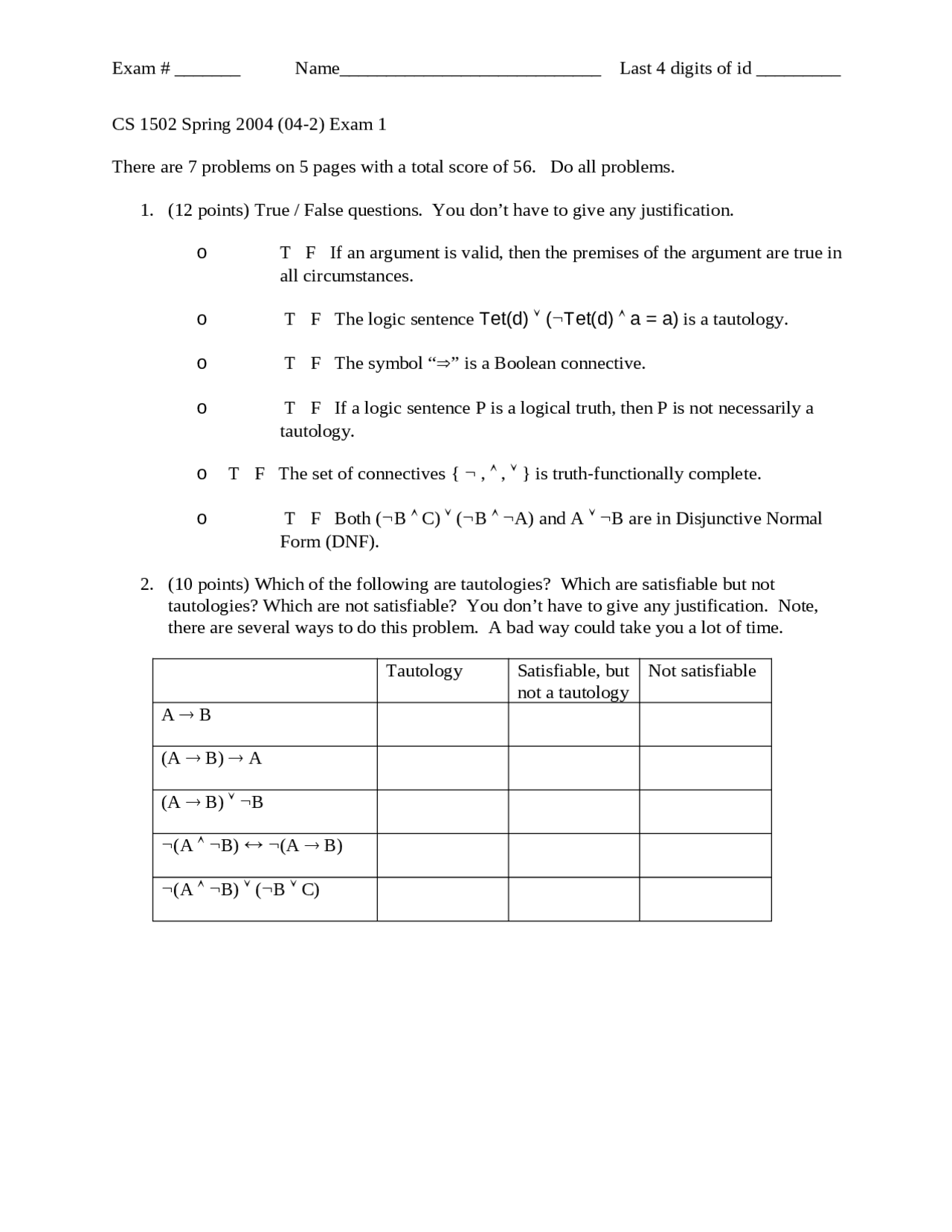 7 Questions For Exam 1 Formal Methods In Computer Sciences Cs 1502