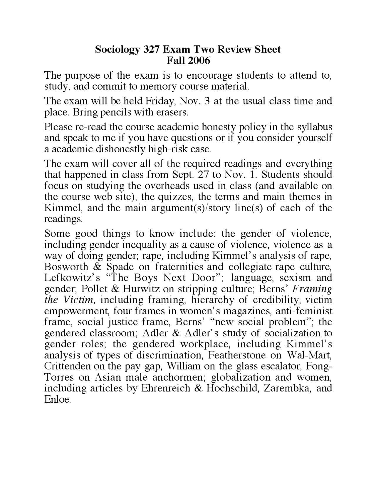 Exam 2 Review Sheet For Sex And Gender In Society Soc 327 Docsity