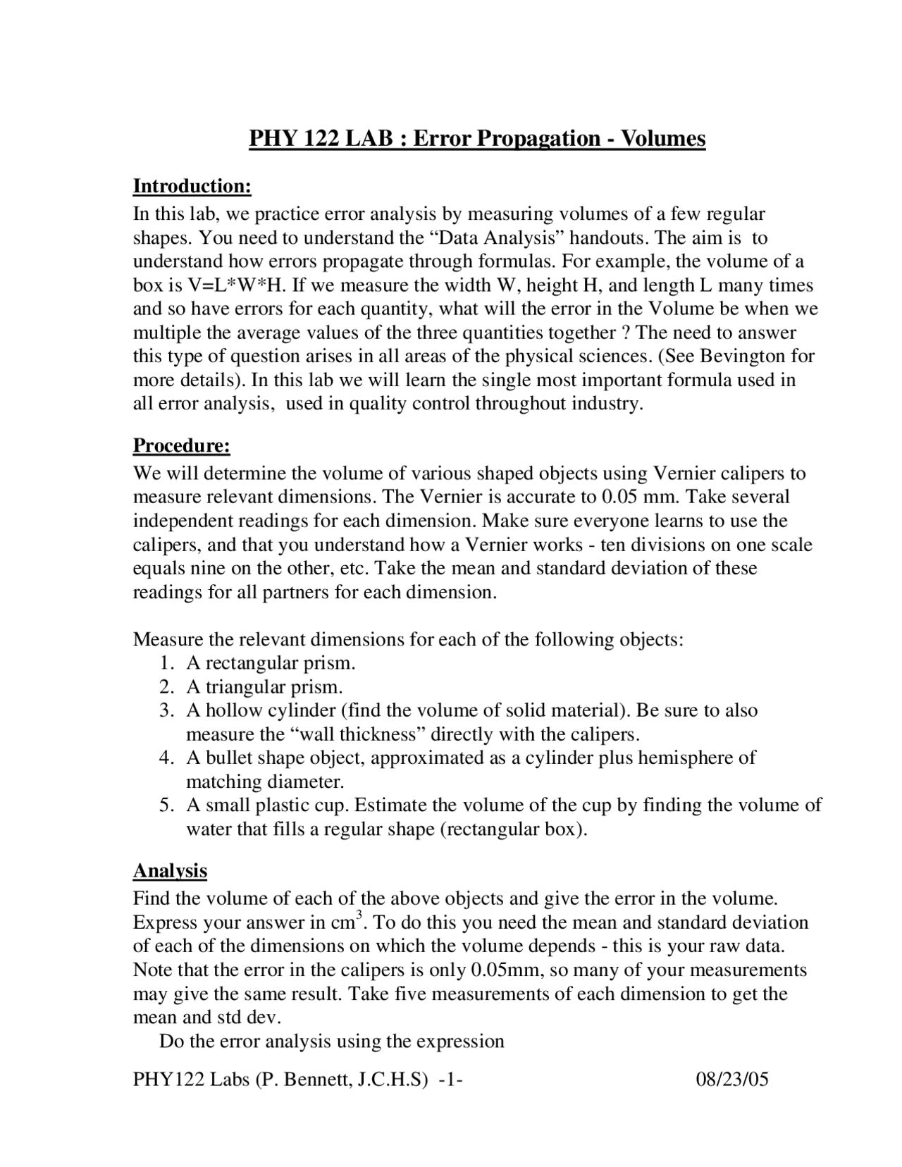 Error Propagation, Volumes - University Physics Lab I | PHY 122 (LAB) - Docsity