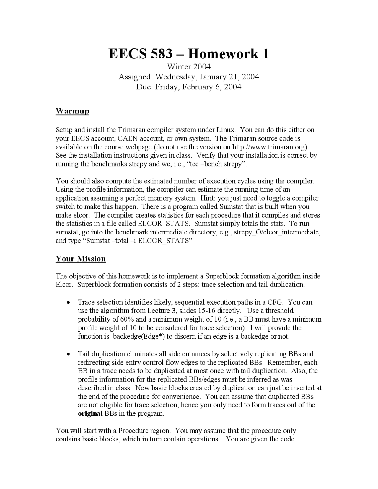 Homework 1 Advanced Compilers Winter 2004 Eecs 583 Docsity