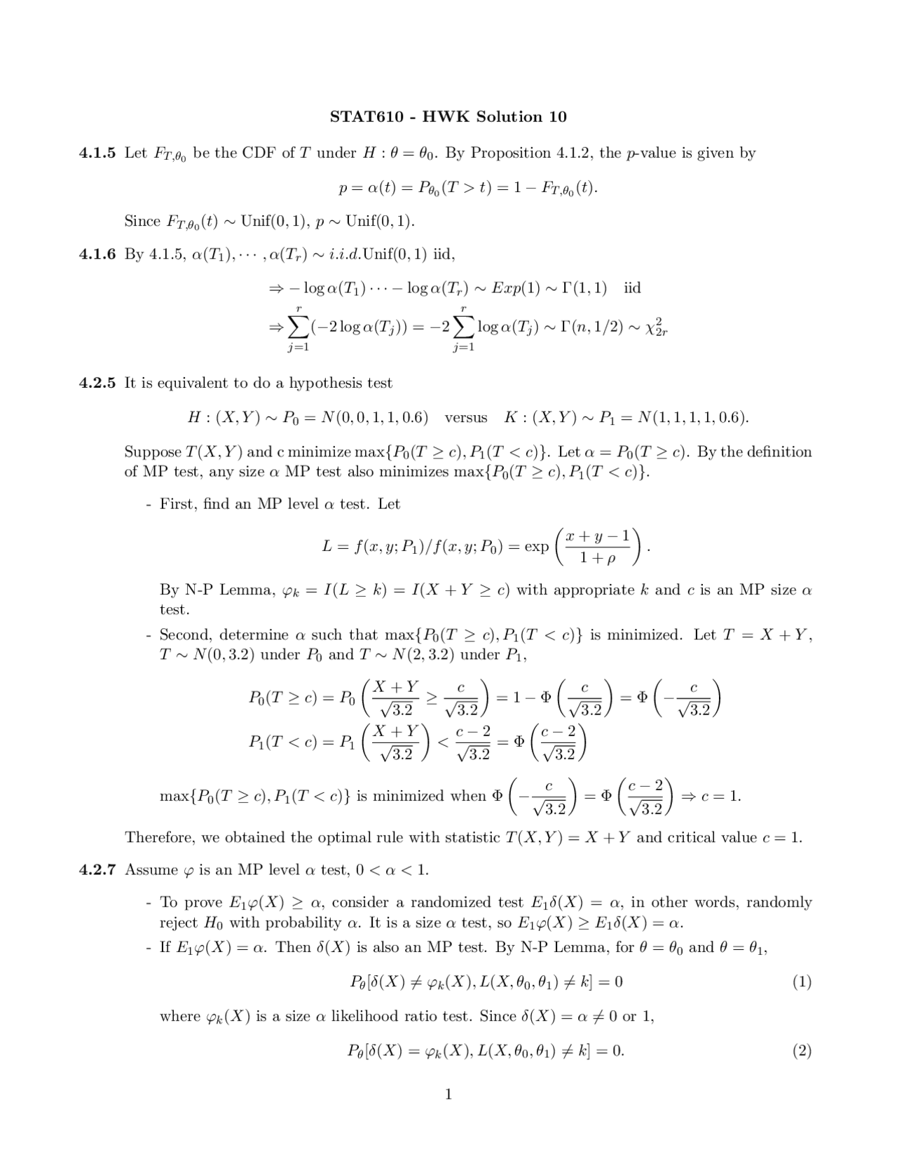 Solution To Problem Set Introduction To Statistical Inference Stat 610 Docsity