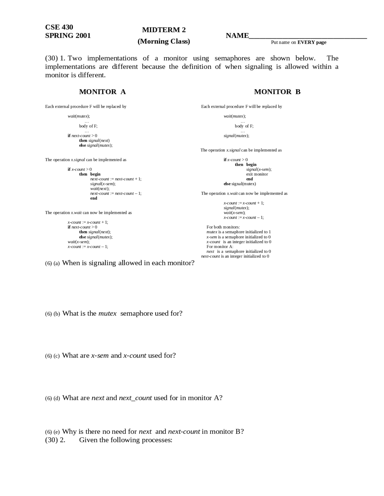 Operating Systems Midterm Exam 1 Questions Cse 430 Docsity