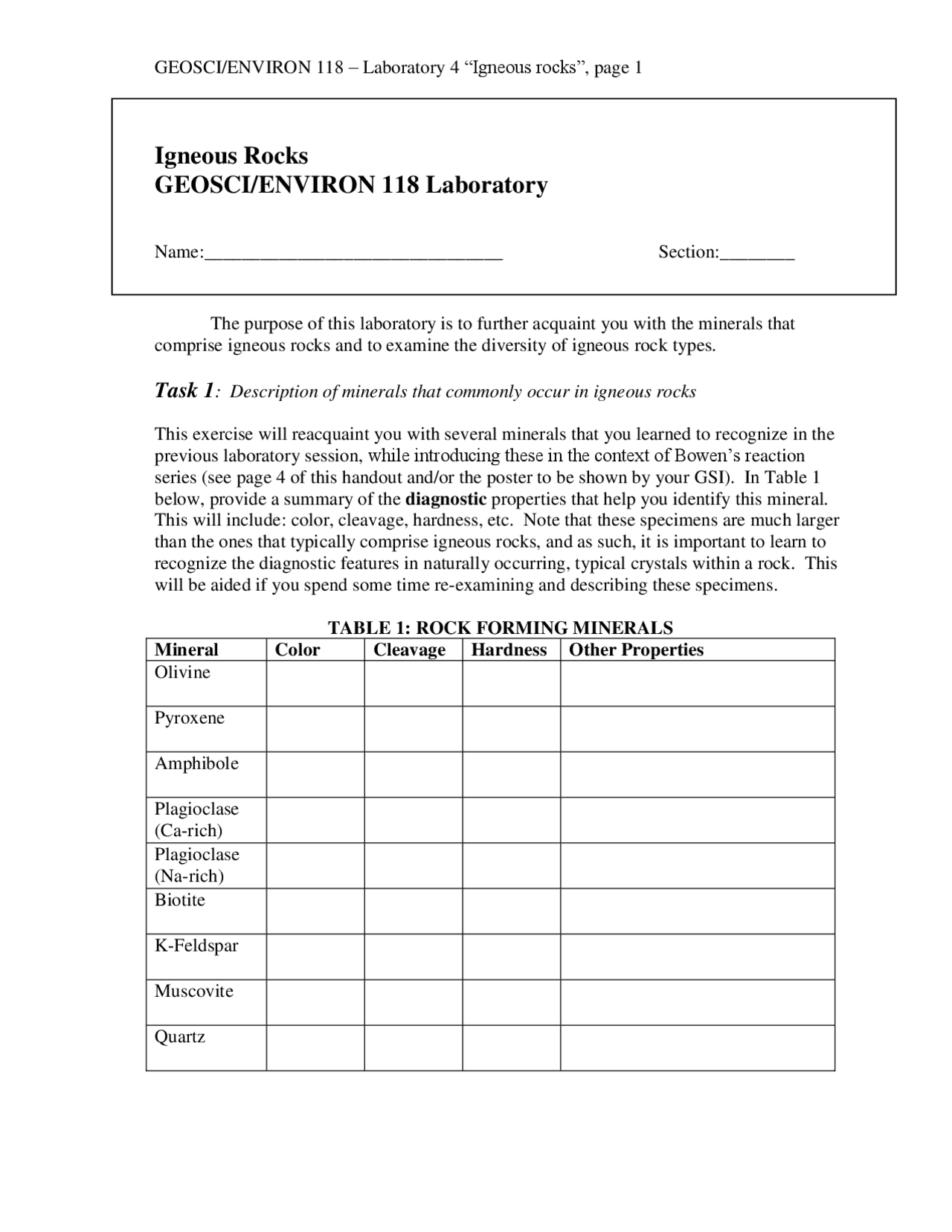 Igneous Rocks - Introduction to Geology Lab - Laboratory 4 | ENVIRON ...