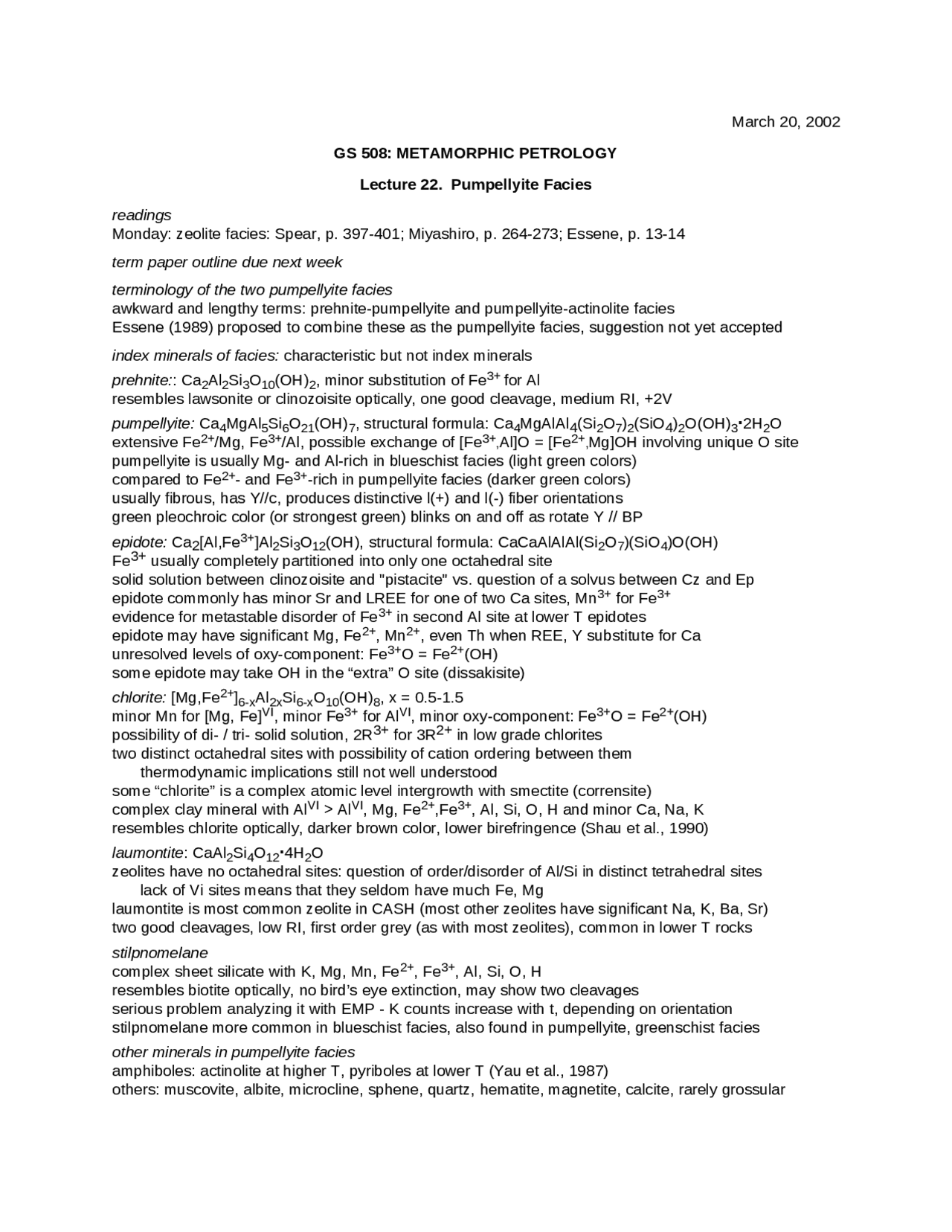Pumpellyite Facies Lecture Notes At 360 Docsity