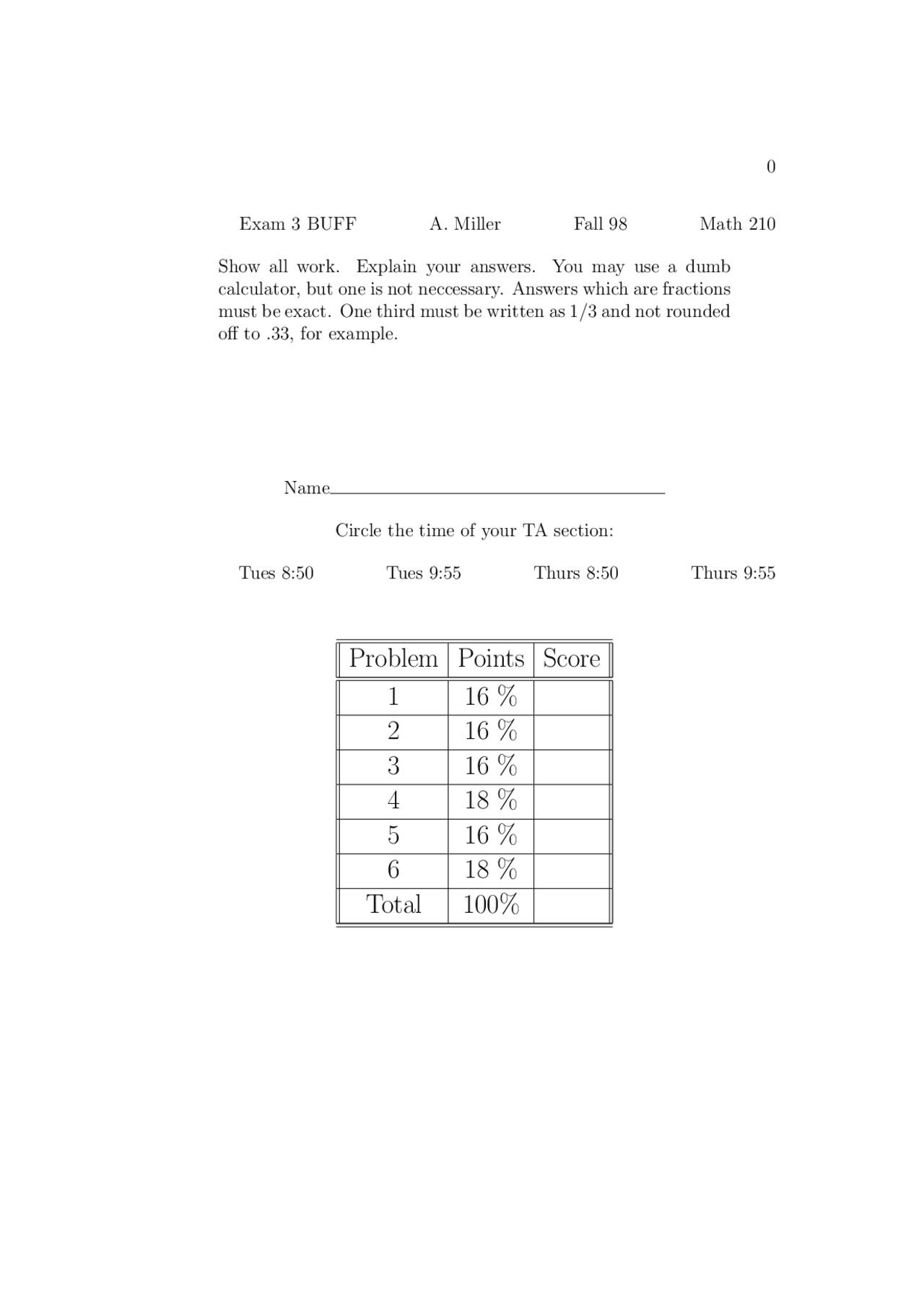 Exam 3 For Topics In Finite Mathematics Math 210 Docsity