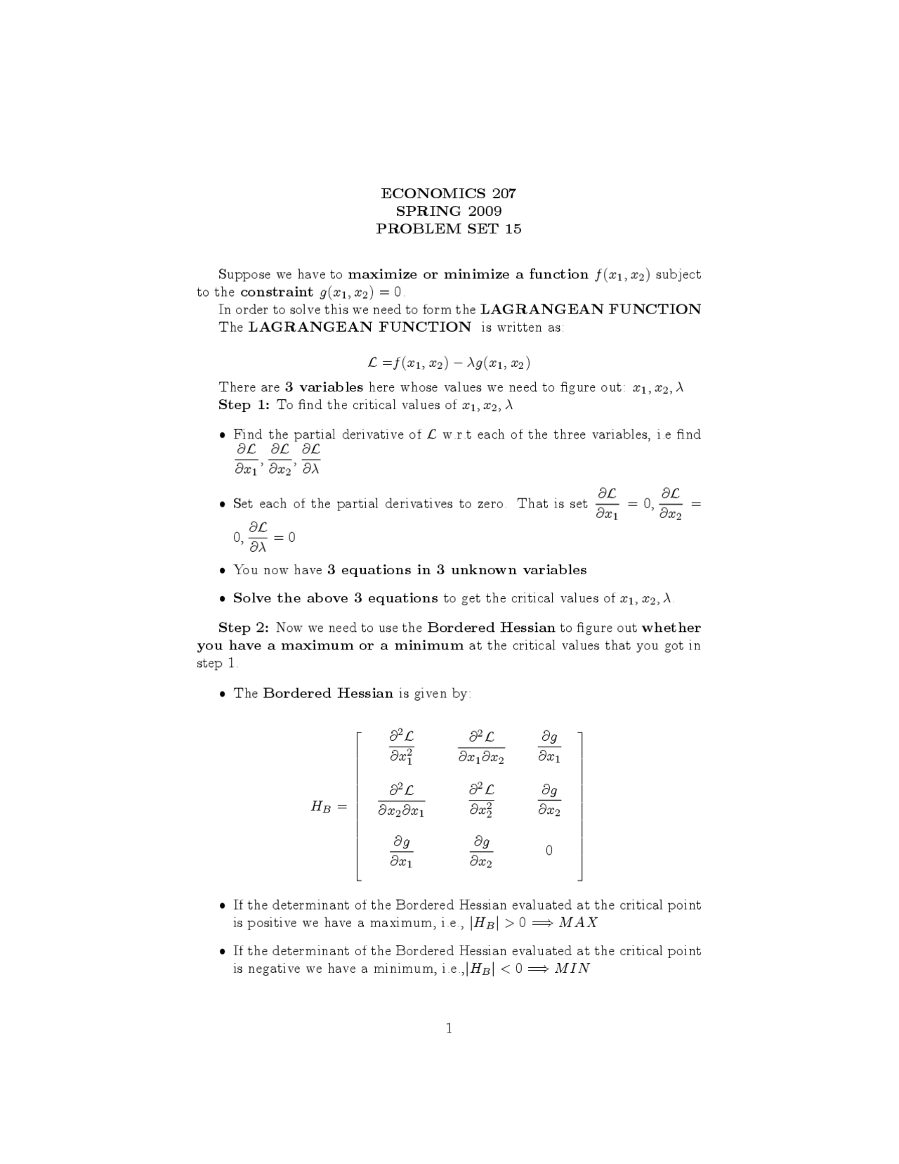 Application Of Economic Optimization Problem Set 15 Econ 207 Docsity