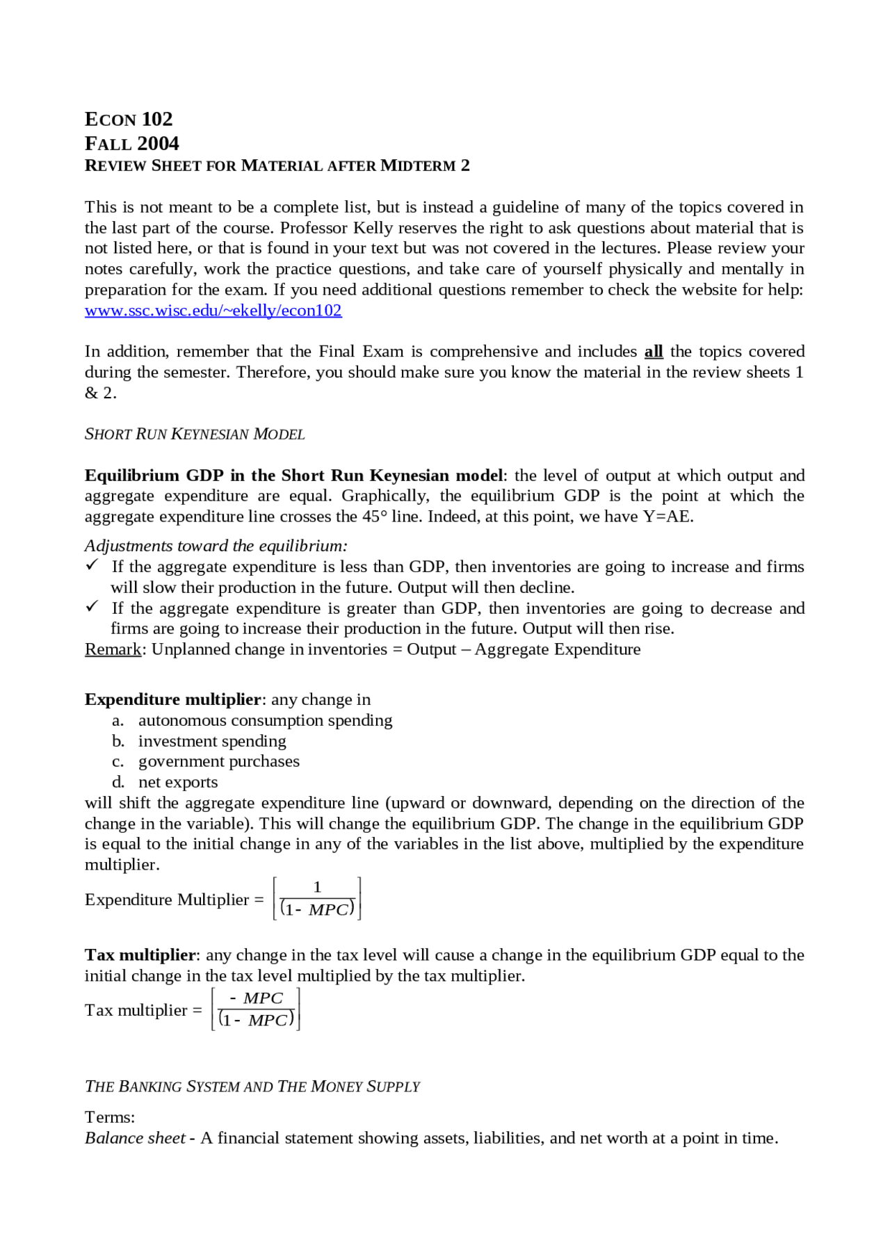 Review Sheet For Material After Midterm Exam Principles Of