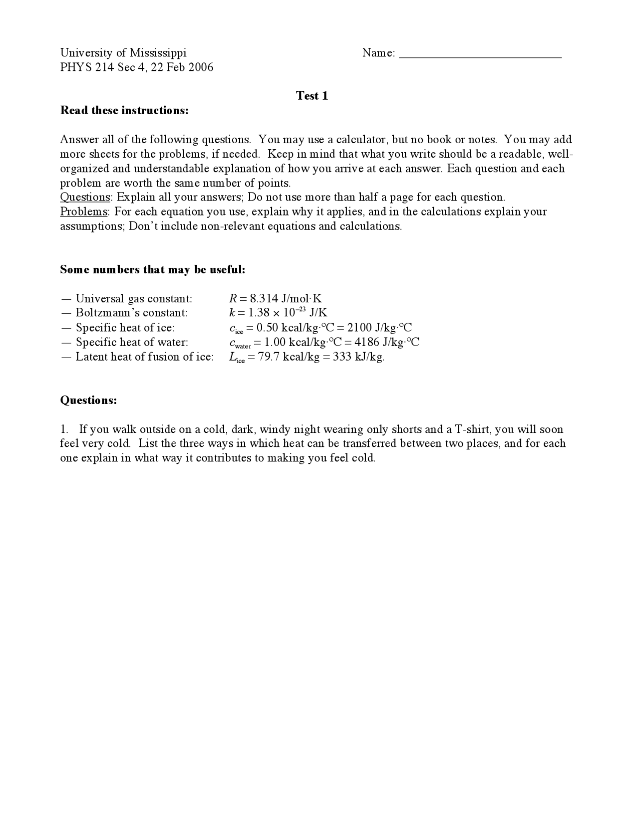 6 Questions On General Physics I Exam 1 Phys 213 Docsity