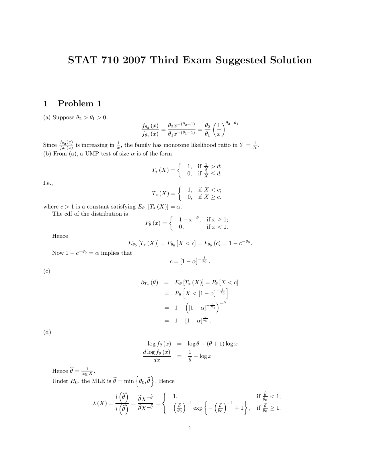 Exam Suggested Solutions - Mathematical Statistics | STAT 710 - Docsity