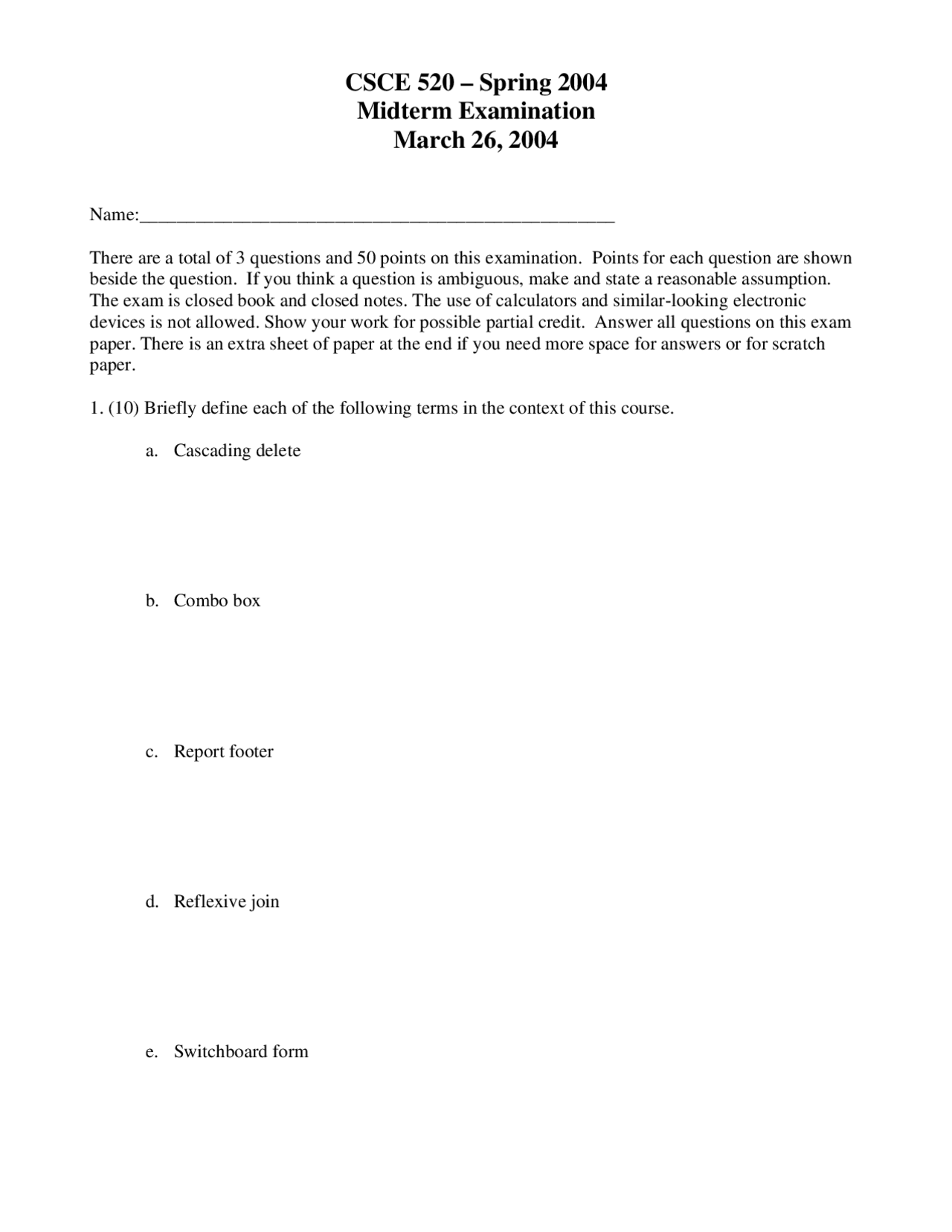 Midterm Examination Database System Design Spring 2004 Csce 520 Docsity
