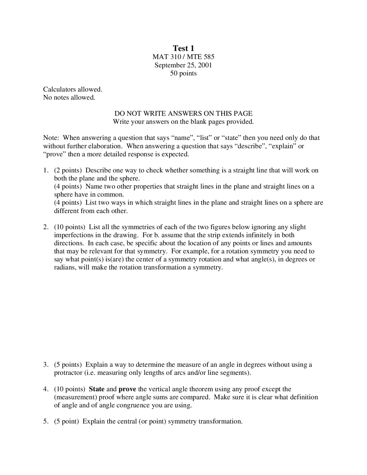 7 Problems Introduction To Geometry Examination 1 Fall 2001 Mat