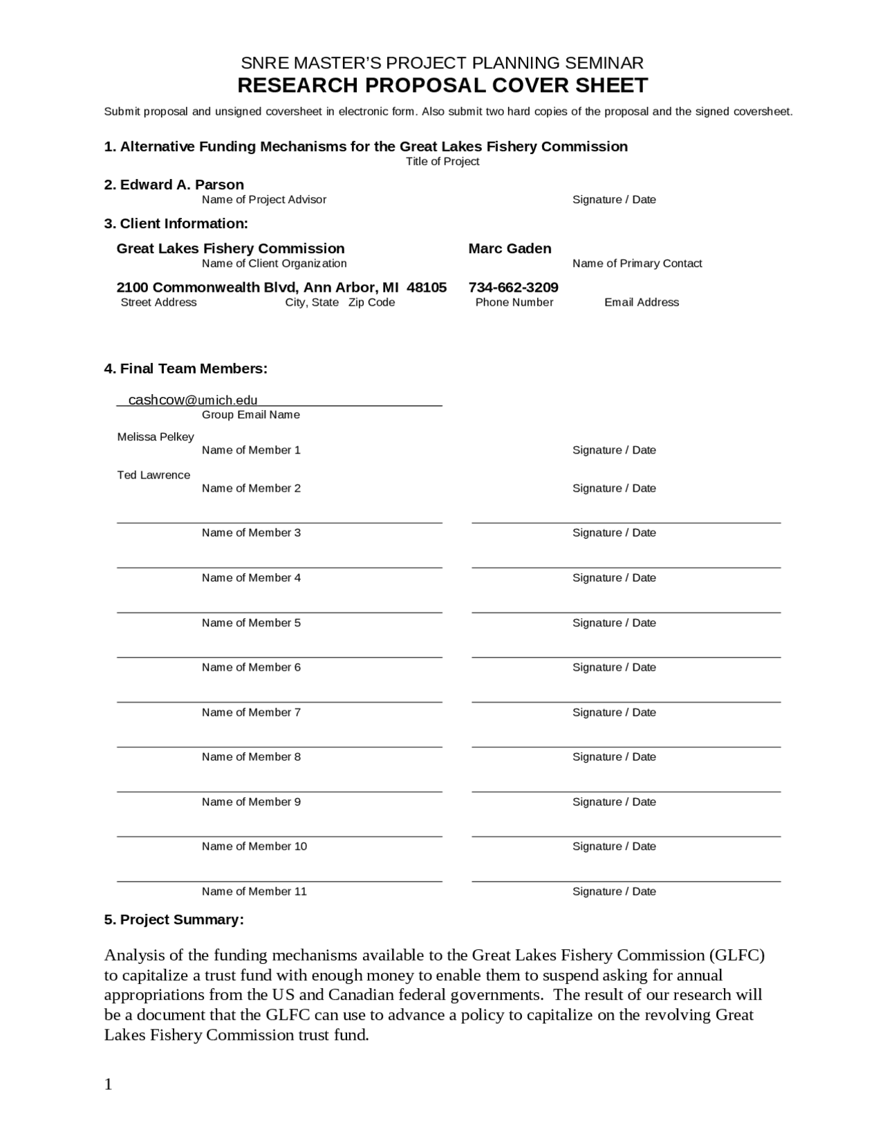 Research Proposal Cover Sheet - Masters Project | NRE 701 - Docsity