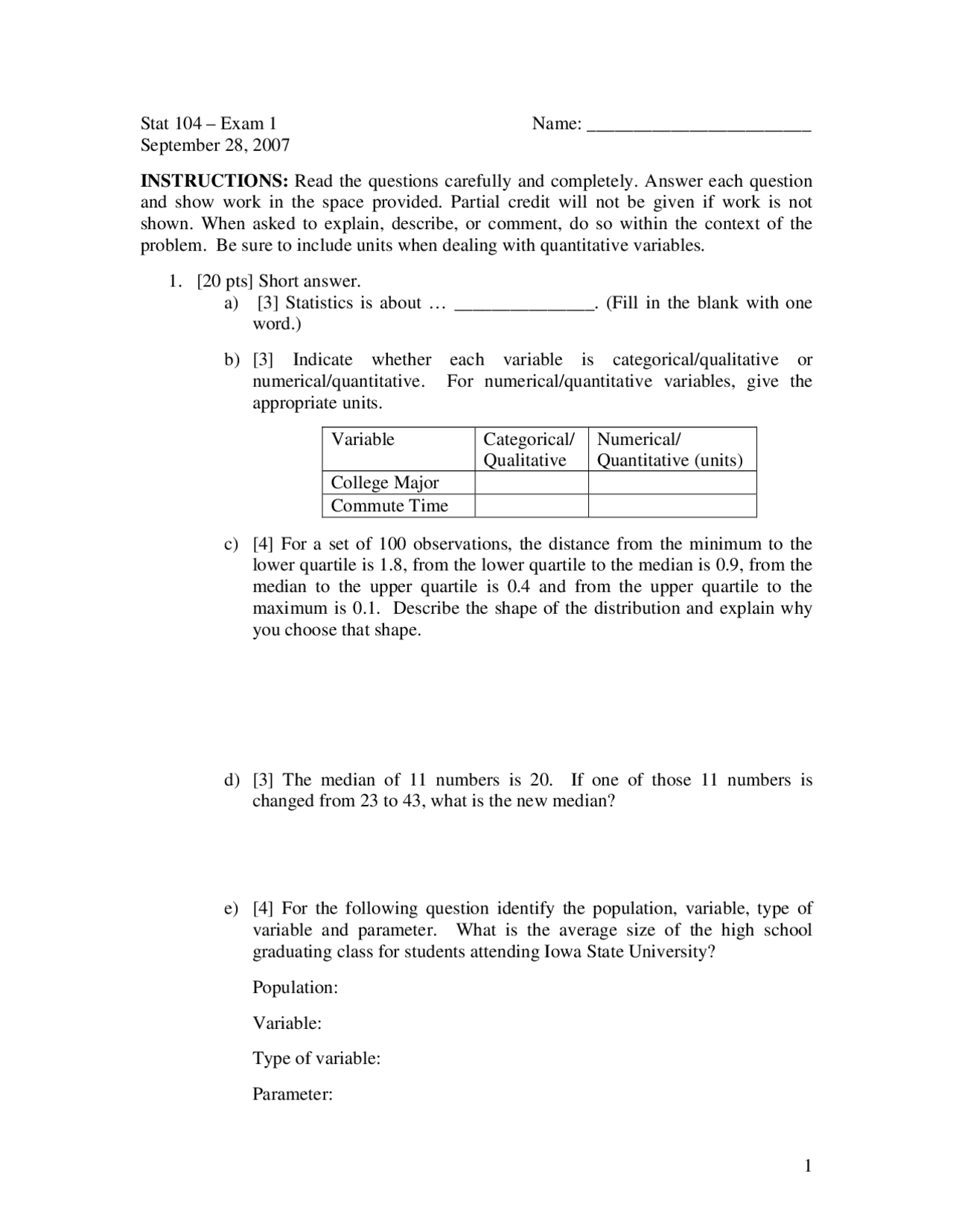 Exam 1 Questions On Introduction To Statistics Stat 104 Docsity