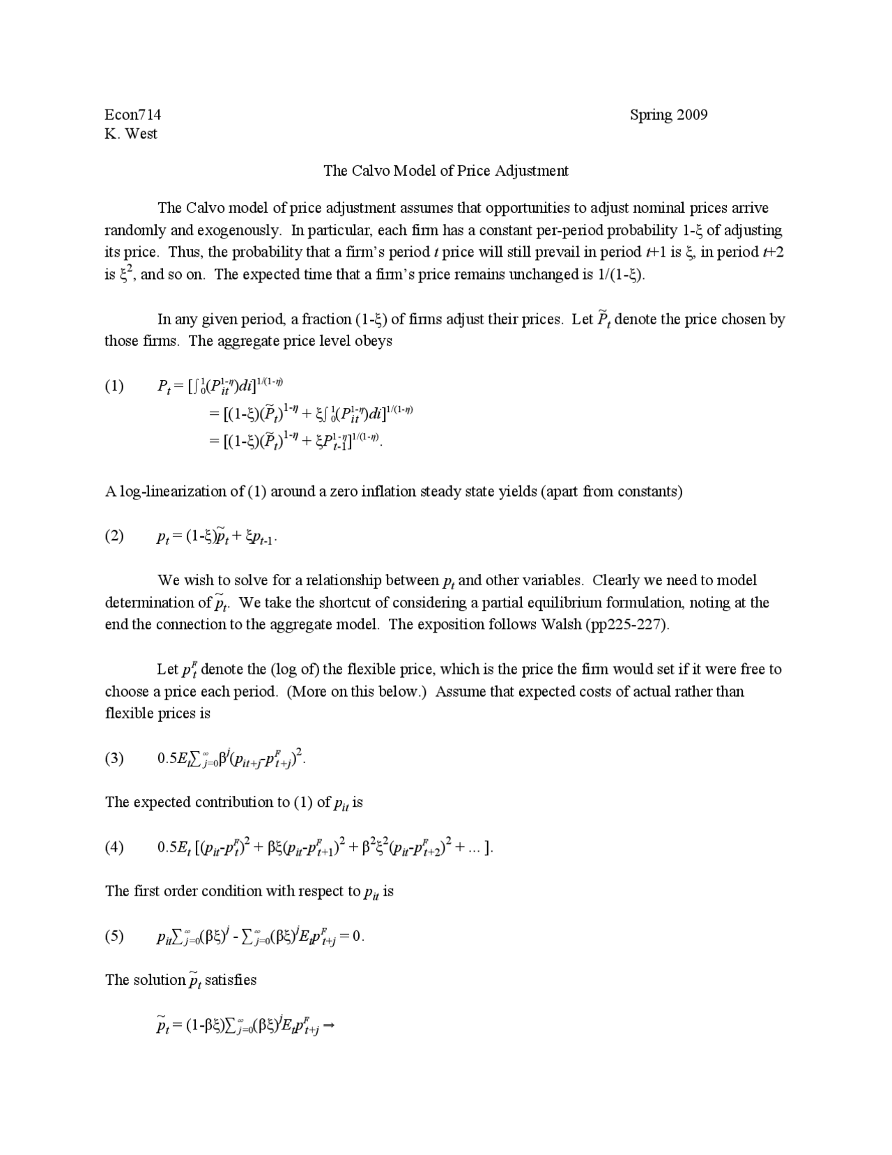 The Calvo Model of Price Adjustment - Lecture Notes | ECON 714 | Study ...